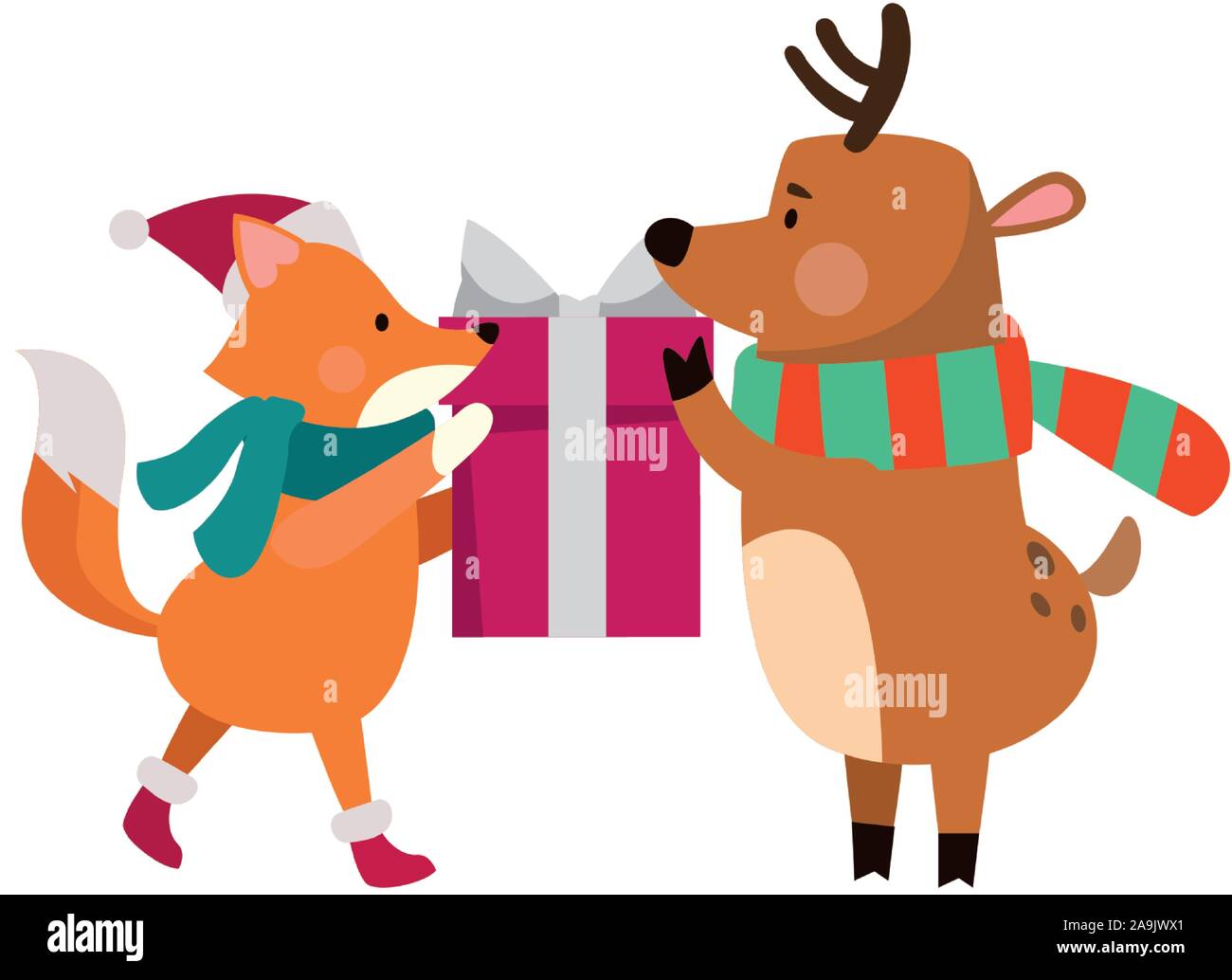 christmas fox and deer holding a gift box Stock Vector Image & Art - Alamy