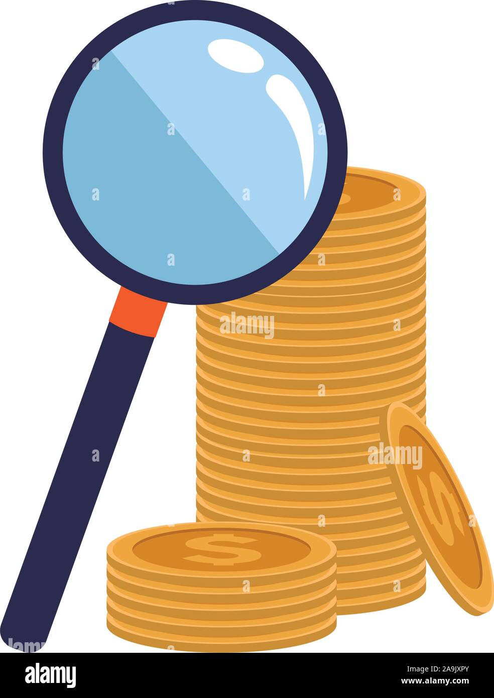 magnifying glass and coins stack, flat design Stock Vector Image & Art ...