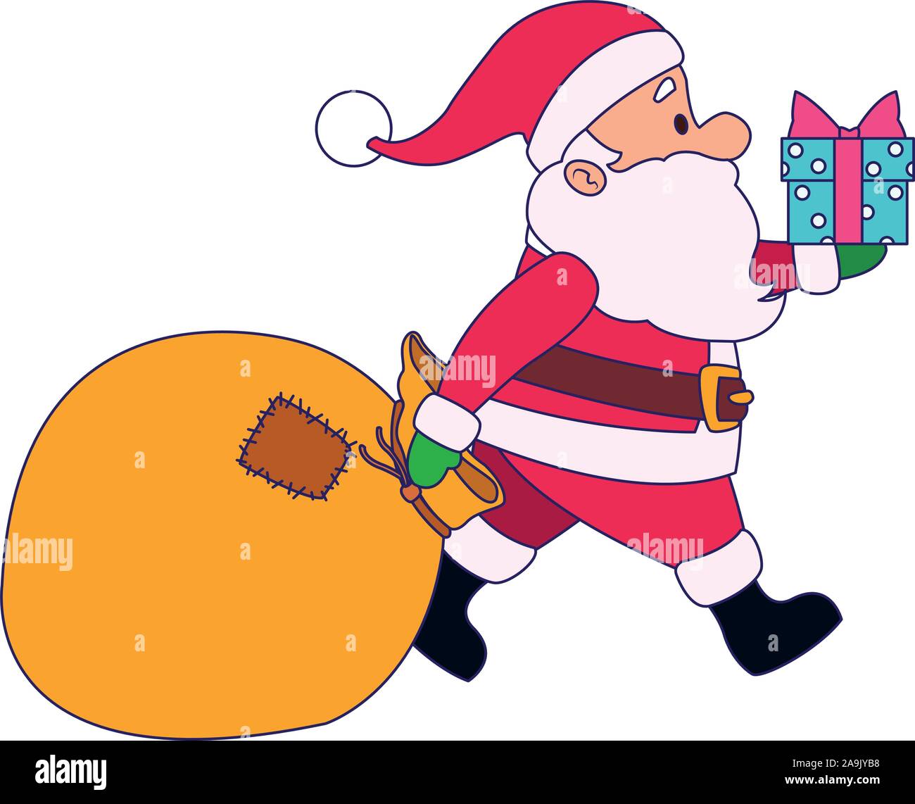 cartoon santa claus with gift box and big bag, colorful design Stock ...