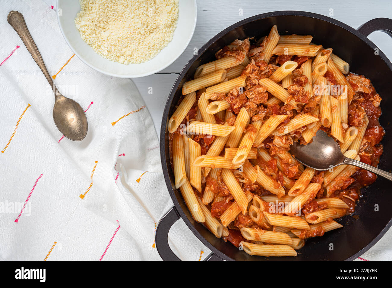 Tomato And Tuna Fish Penne Pasta With Parmesan Stock Photo - Alamy