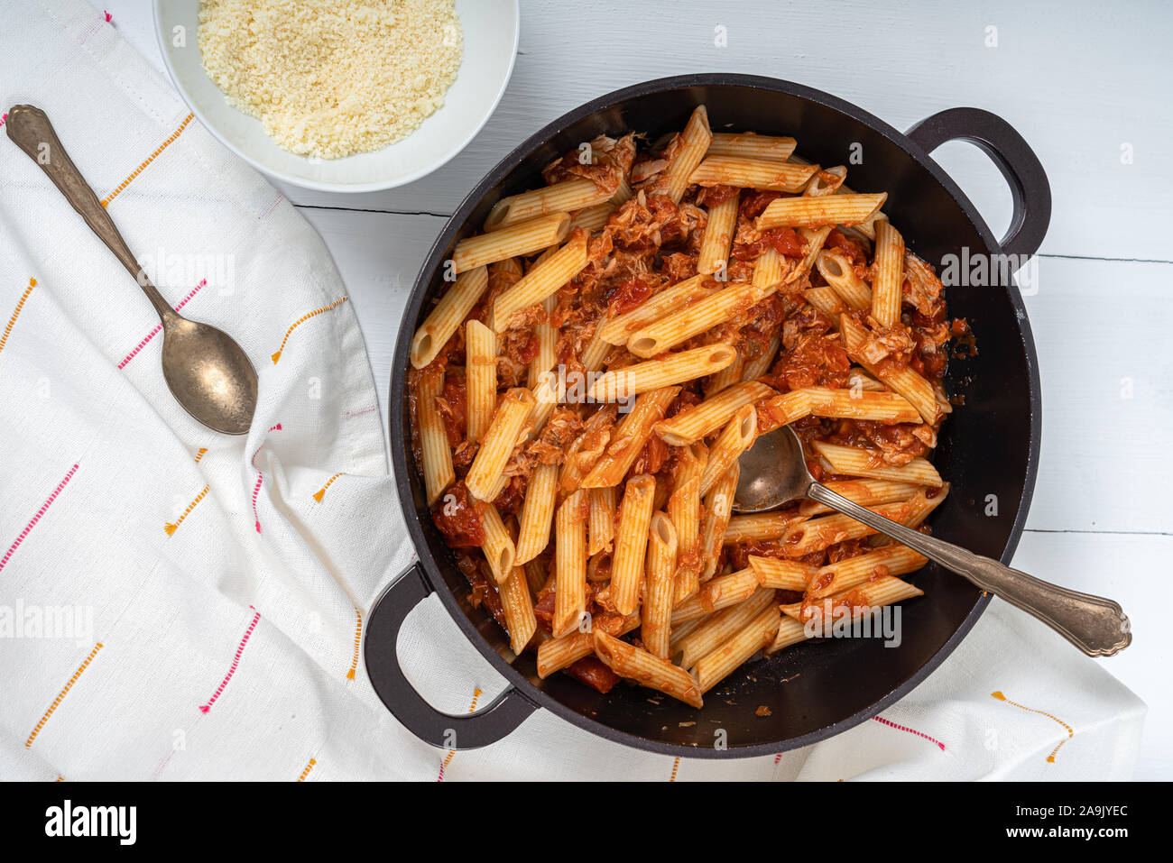 Tomato And Tuna Fish Penne Pasta With Parmesan Stock Photo - Alamy
