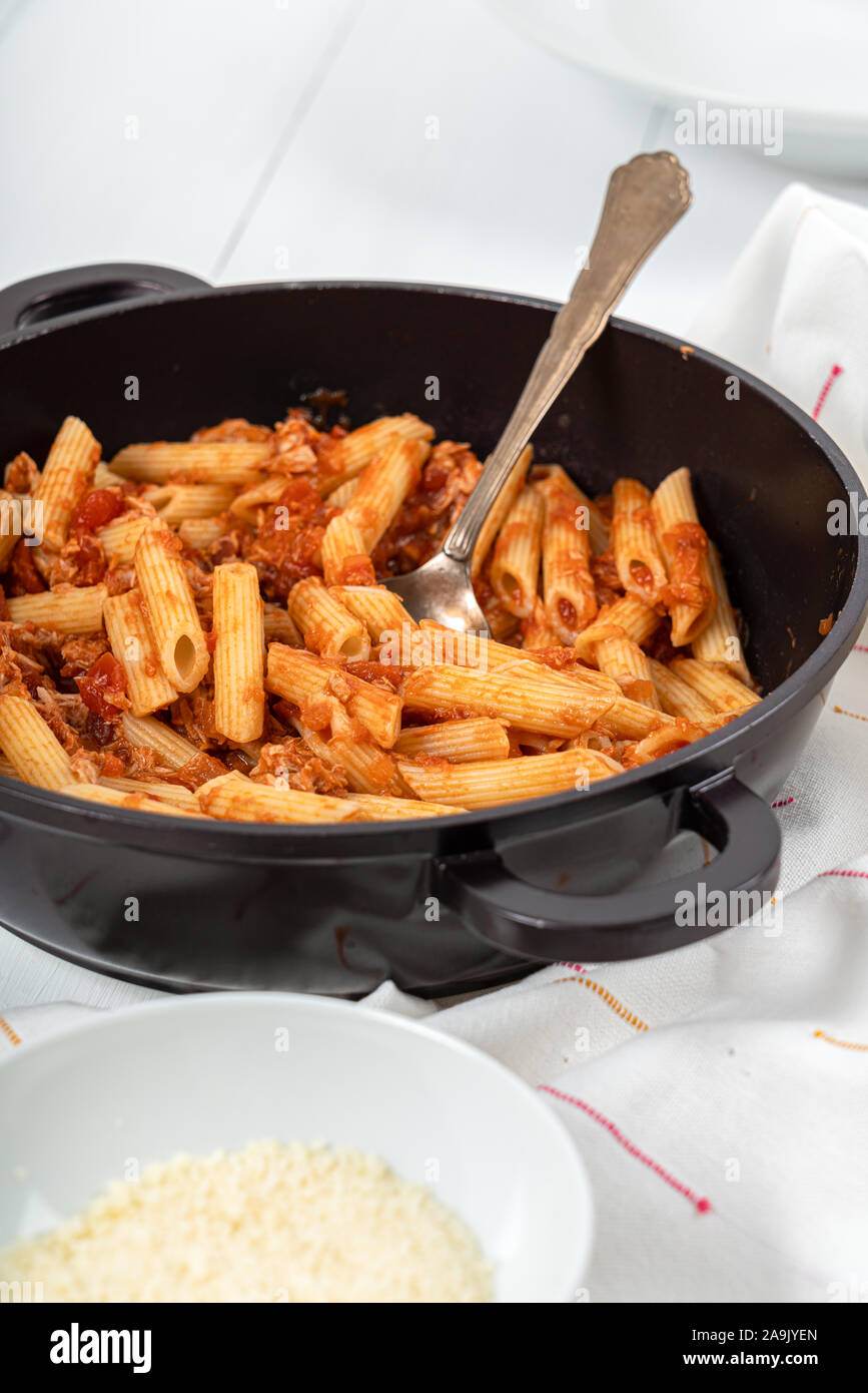 Tomato And Tuna Fish Penne Pasta With Parmesan Stock Photo - Alamy