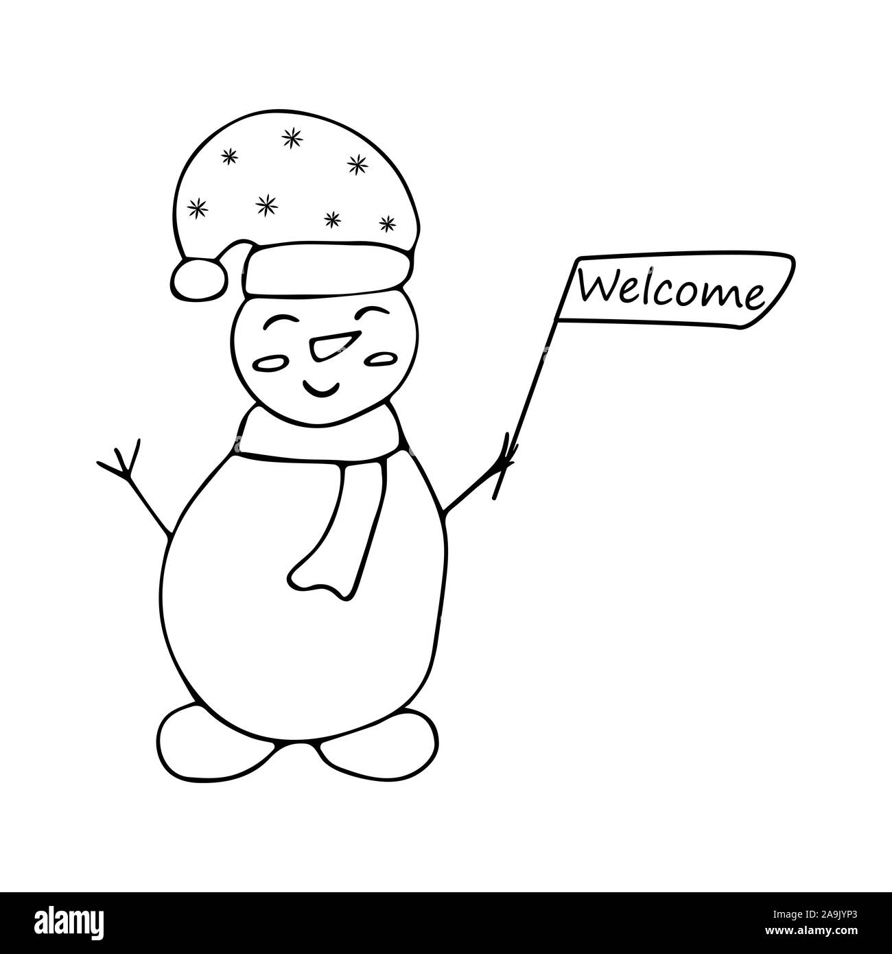 Snowman with a welcome flyers on a white background in the style of a ...