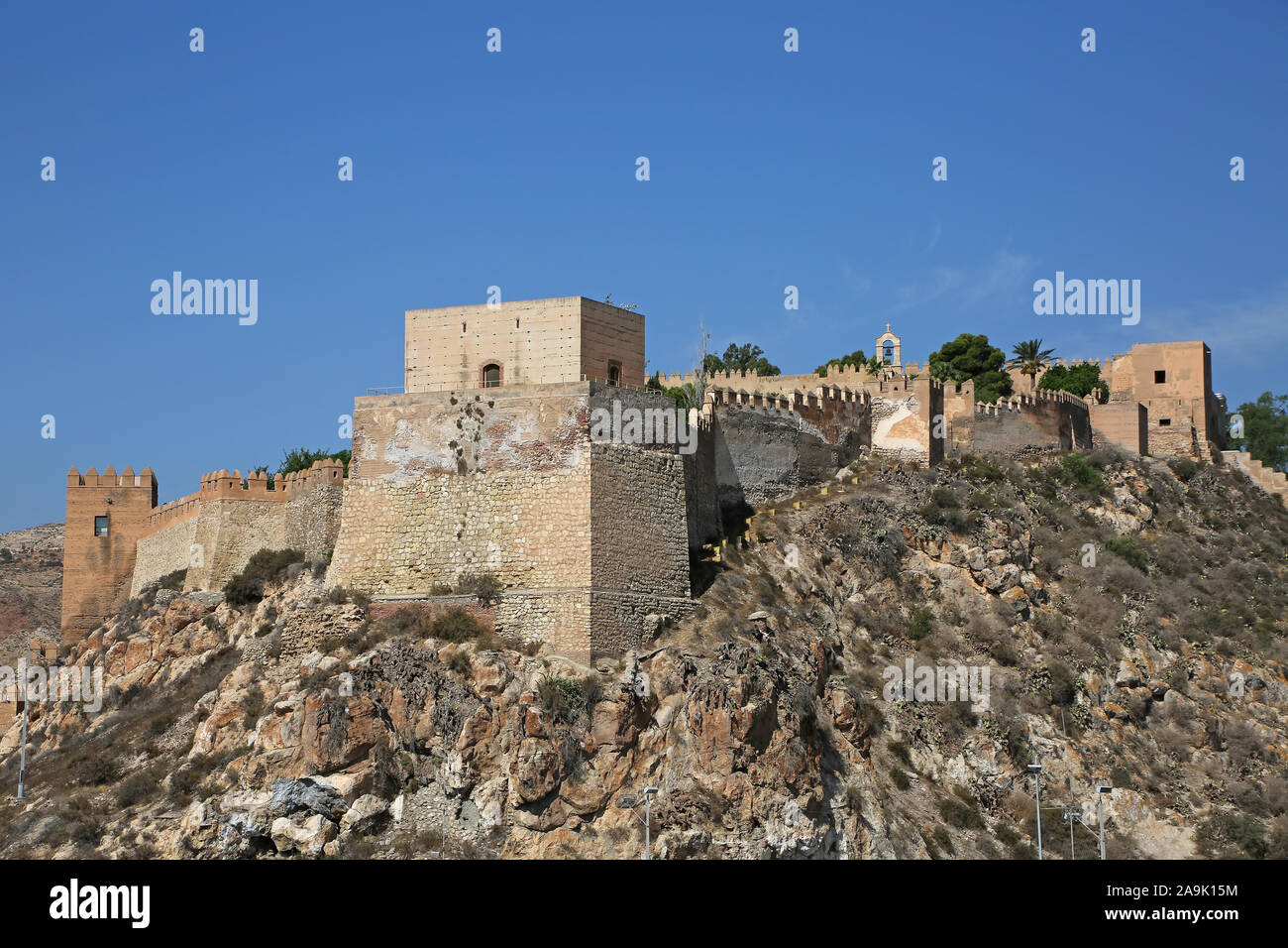 Entrance to the Alcazaba Castle, looking at the fortified walls ...