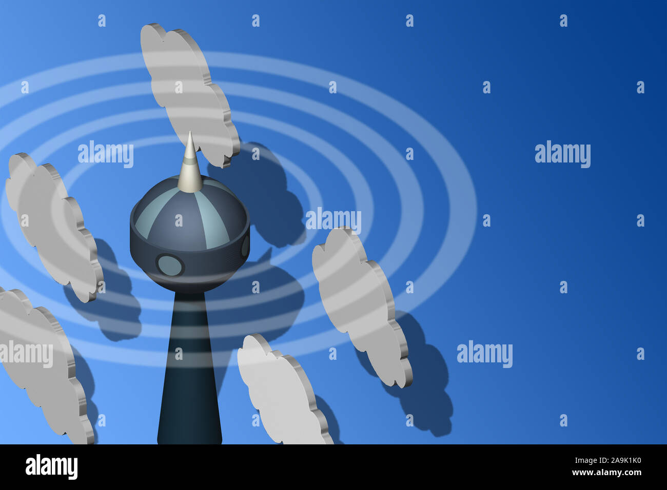 Telecommunication tower transmits signal in clouds on blue sky with ...