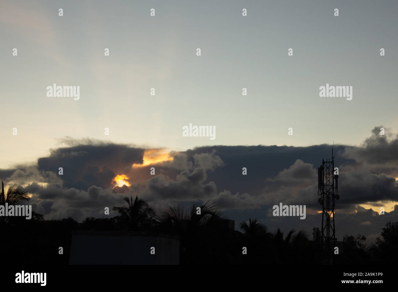 Landscape view of the sunset with trees and cellphone tower Stock Photo ...