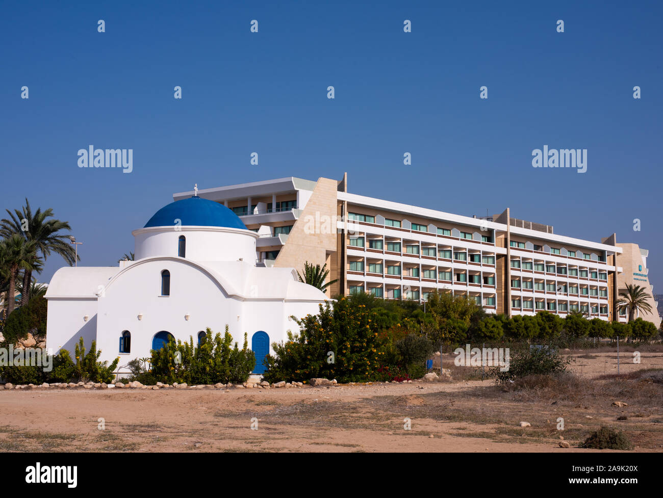 church and hotel landscape, pafos number 3931 Stock Photo - Alamy