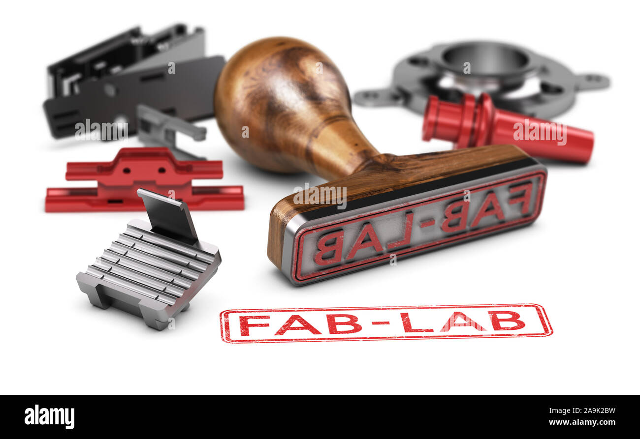 3d illustration of a rubber stamp with the text fab-lab surrounded by ...