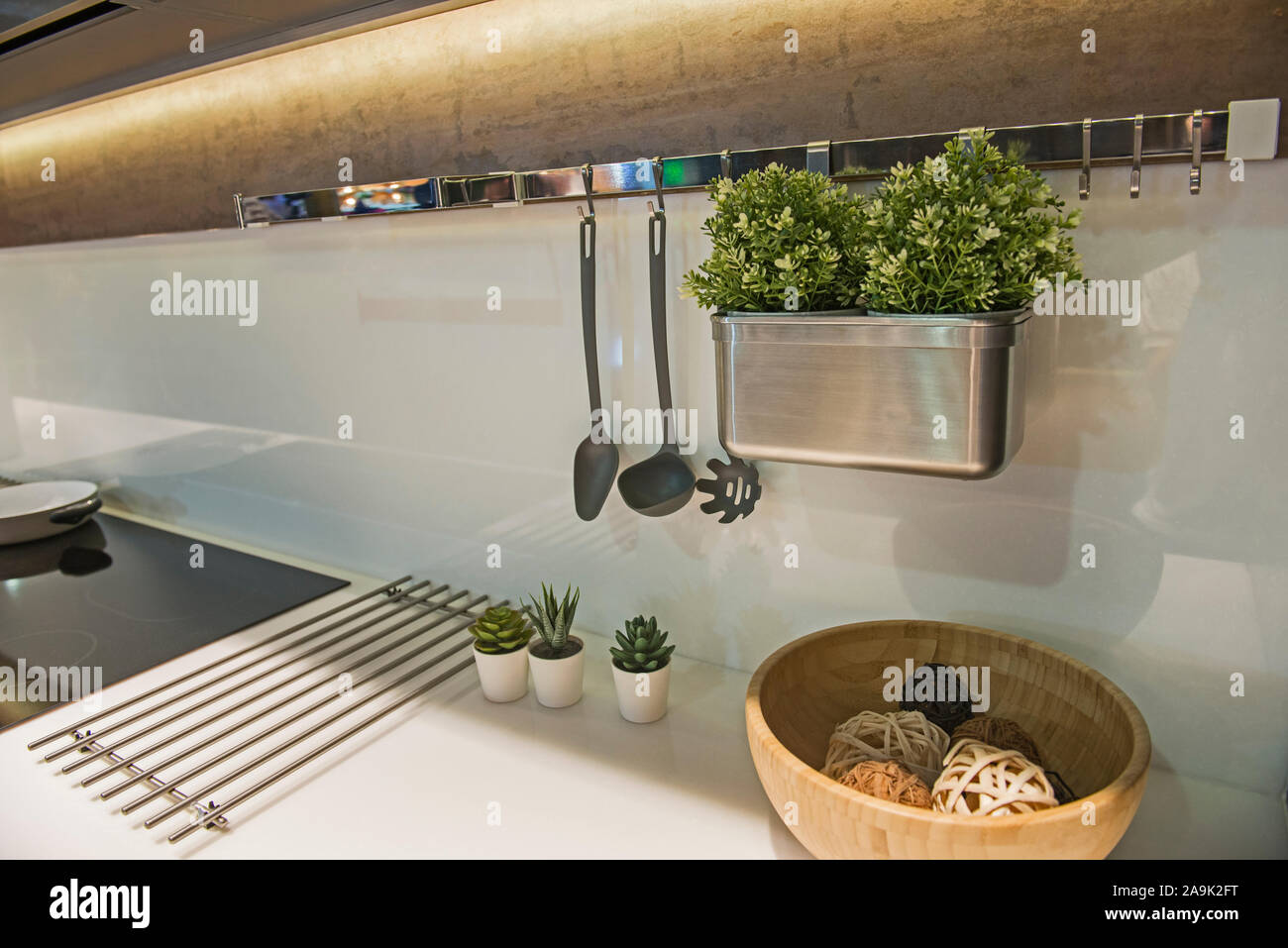 Interior design decor showing modern kitchen and induction hob in ...