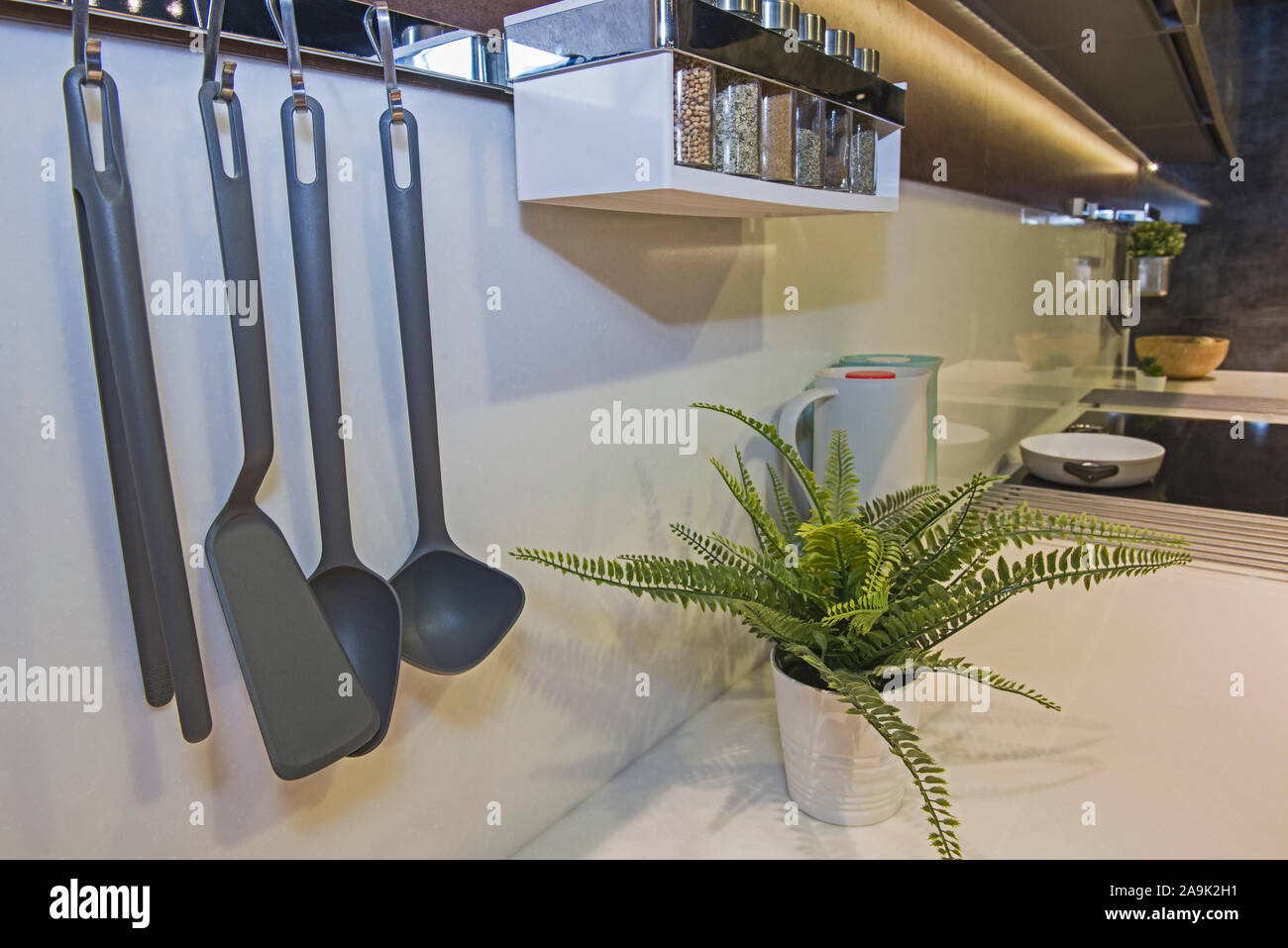 Interior design decor showing modern kitchen and induction hob in ...