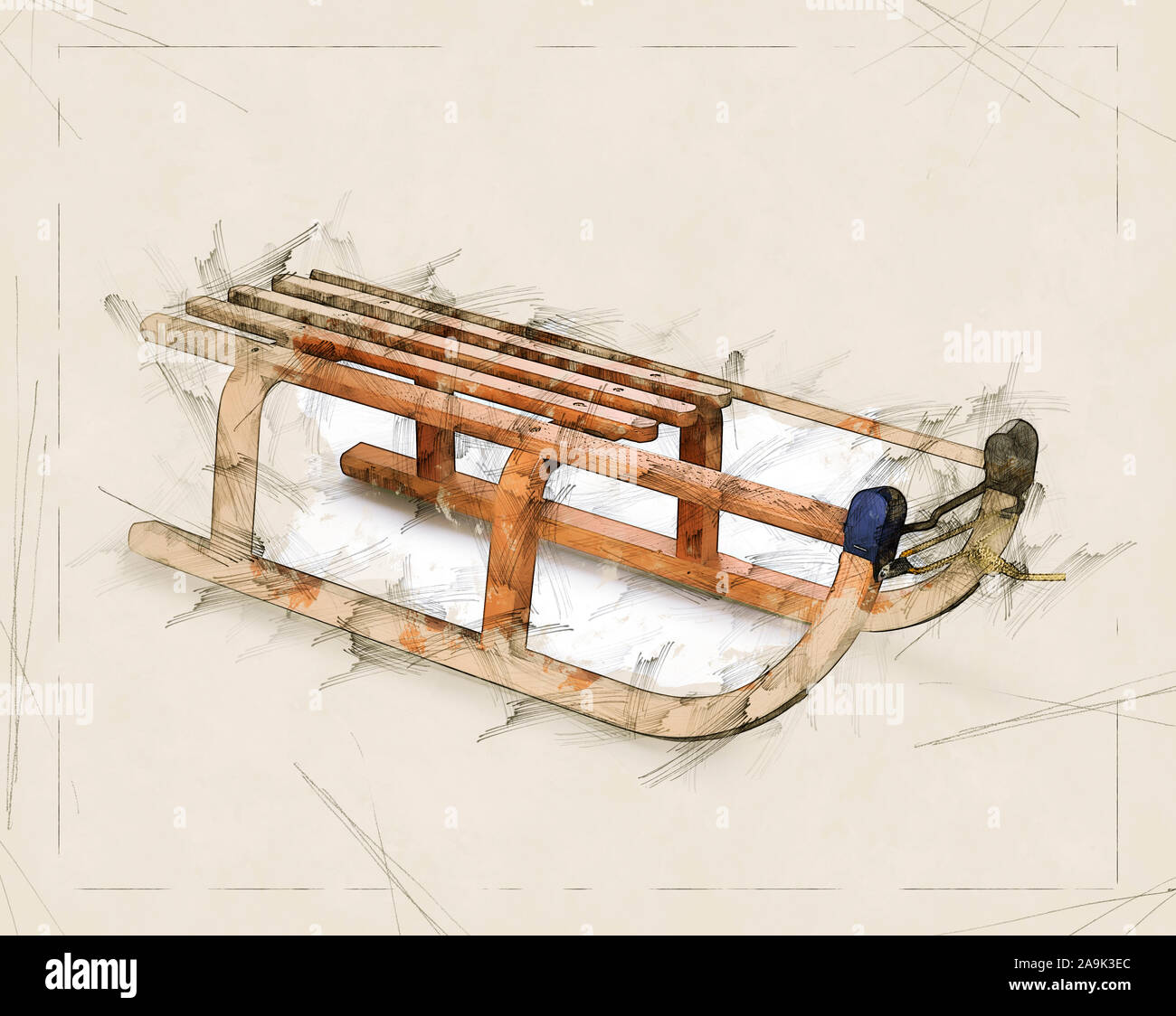 Illustration sketch and Layout of a wooden sledge Stock Photo - Alamy