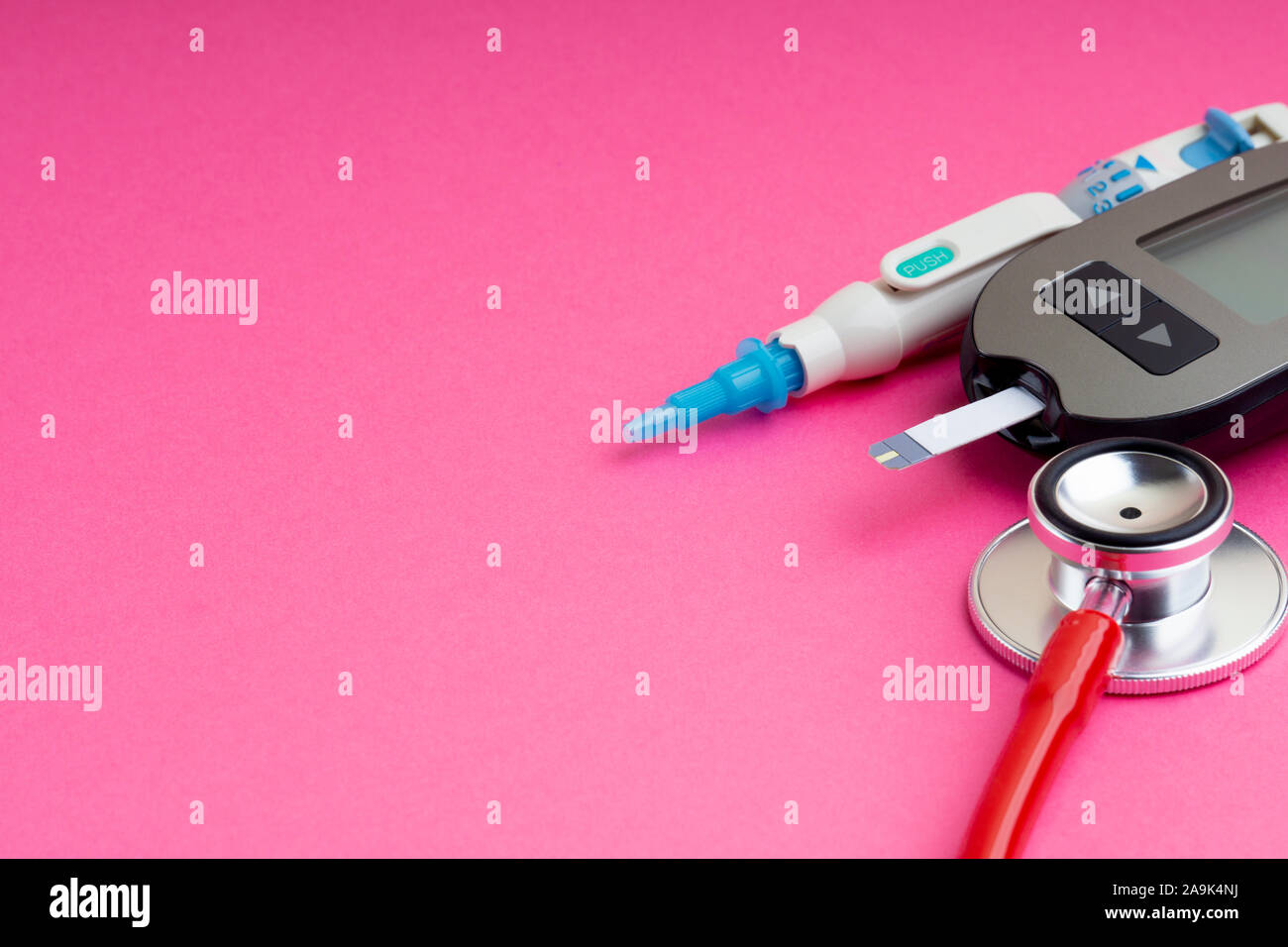 Diabetes concept. Syringe, Glucometer or Glucose meter and stethoscope ...