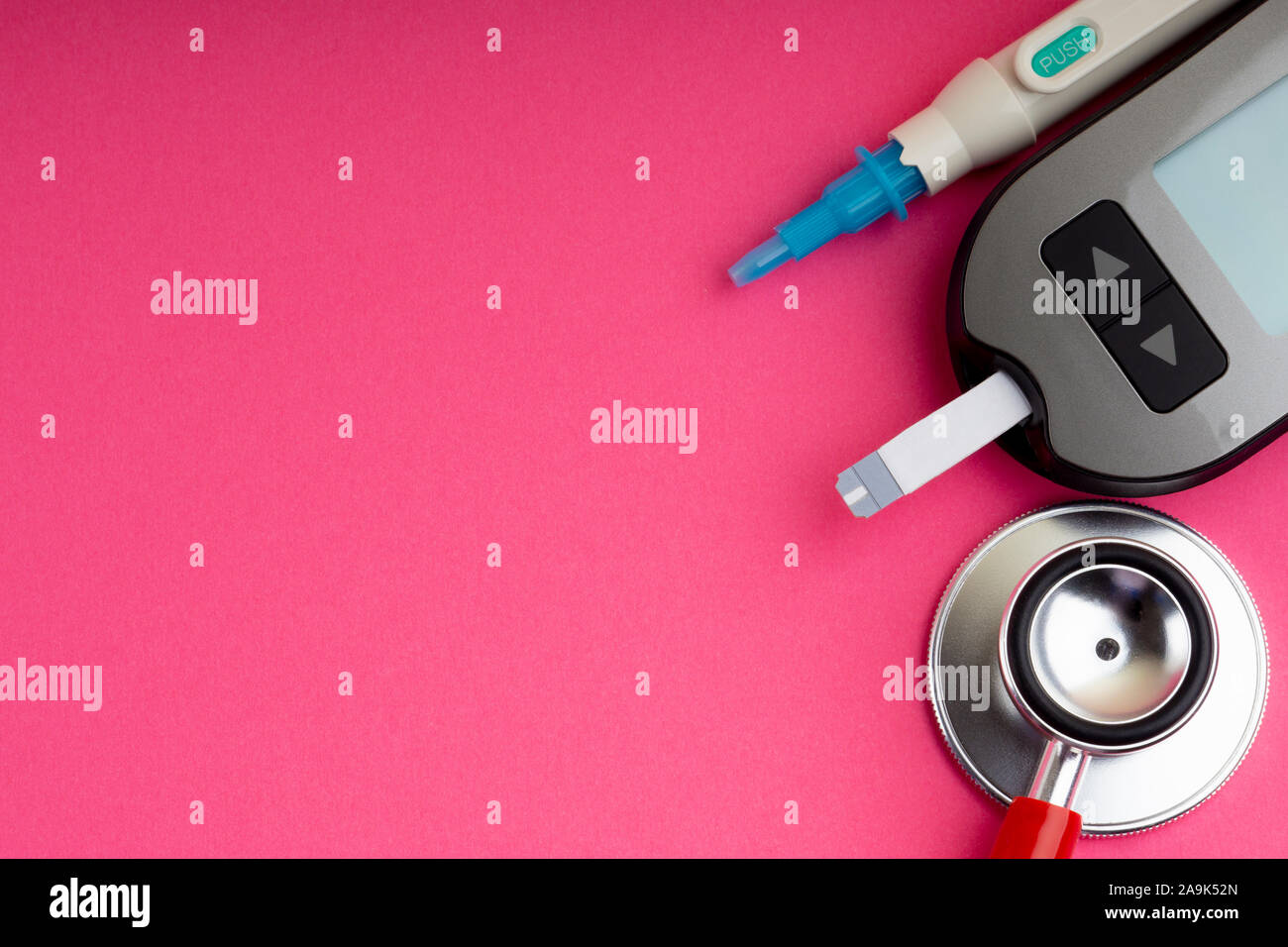 Diabetes concept. Syringe, Glucometer or Glucose meter and stethoscope ...