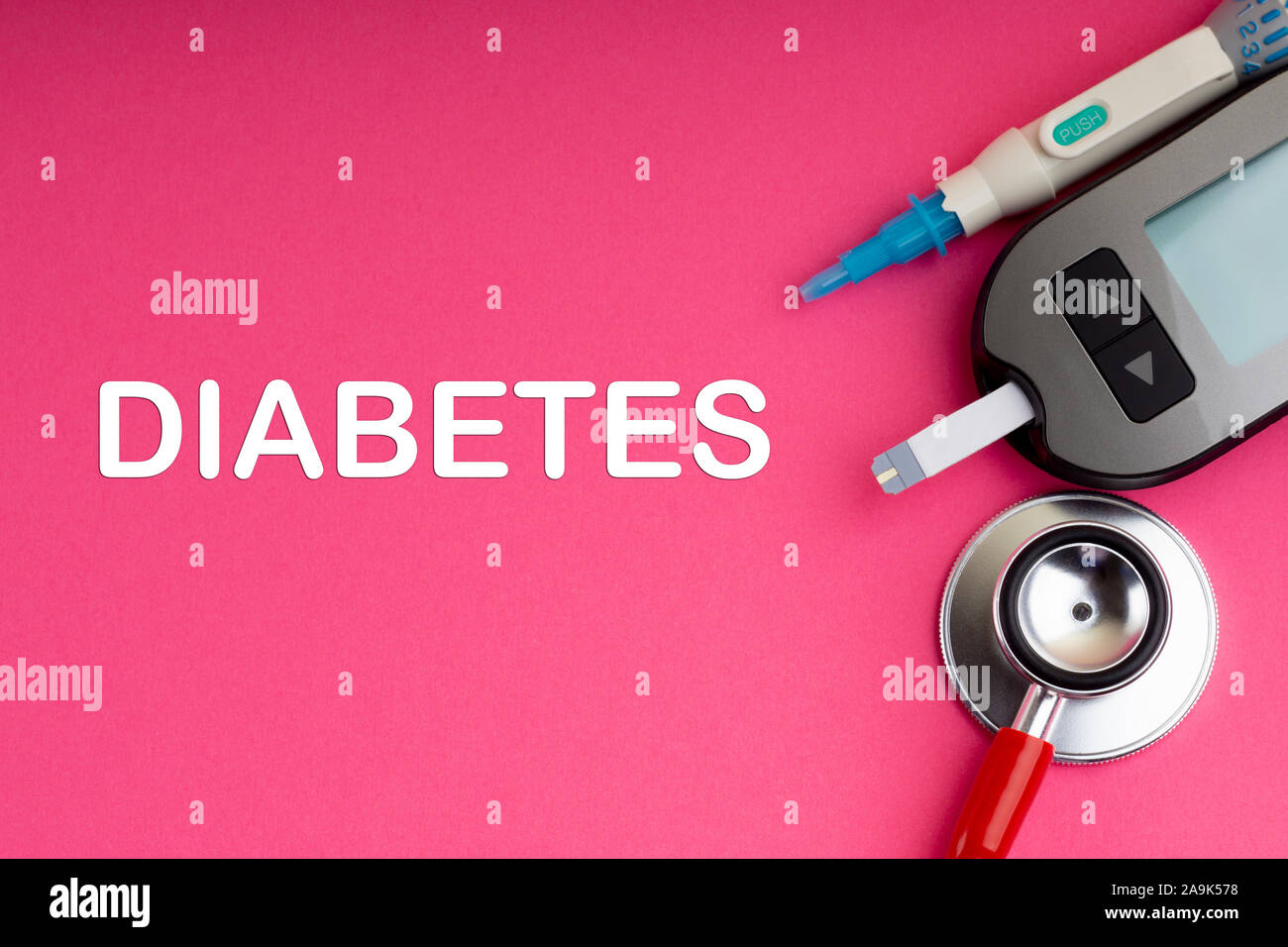 Syringe, Glucometer or Glucose meter and stethoscope with words ...