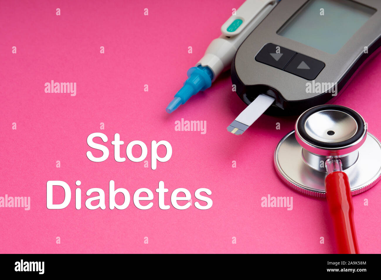 Syringe, Glucometer or Glucose meter and stethoscope with words STOP ...