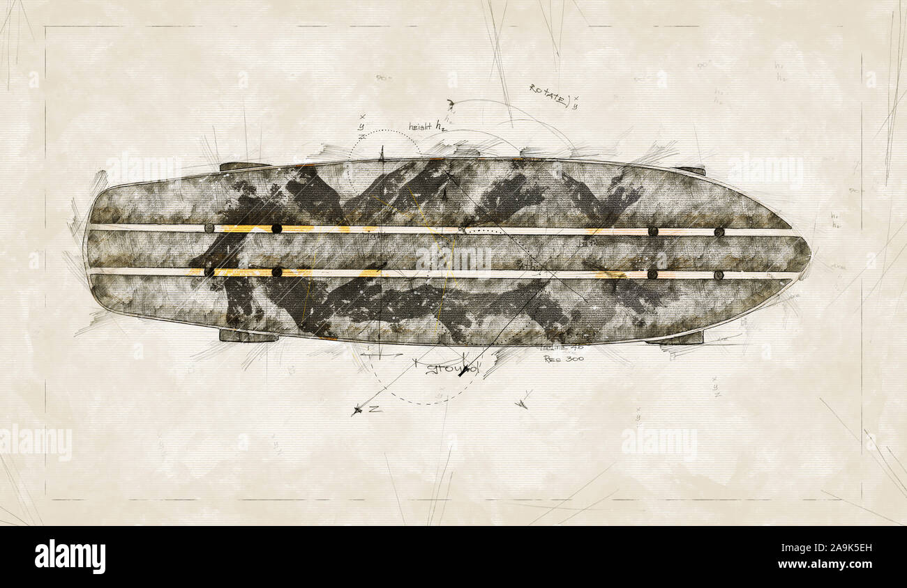 Illustration sketch of a project to realise a wooden skate board Stock ...