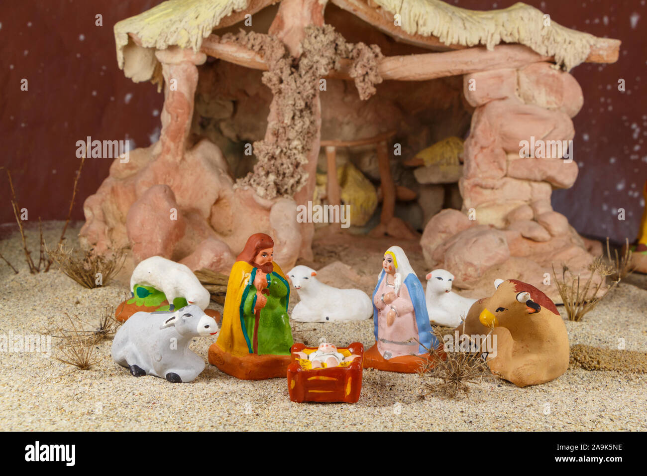 Nativity scene with provencal Christmas crib figures of Mary, Joseph ...