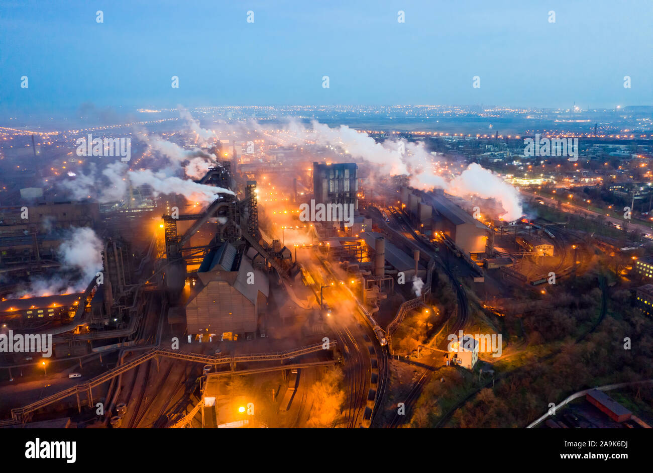 Aerial view. Emission to atmosphere from industrial pipes. Smokestack ...