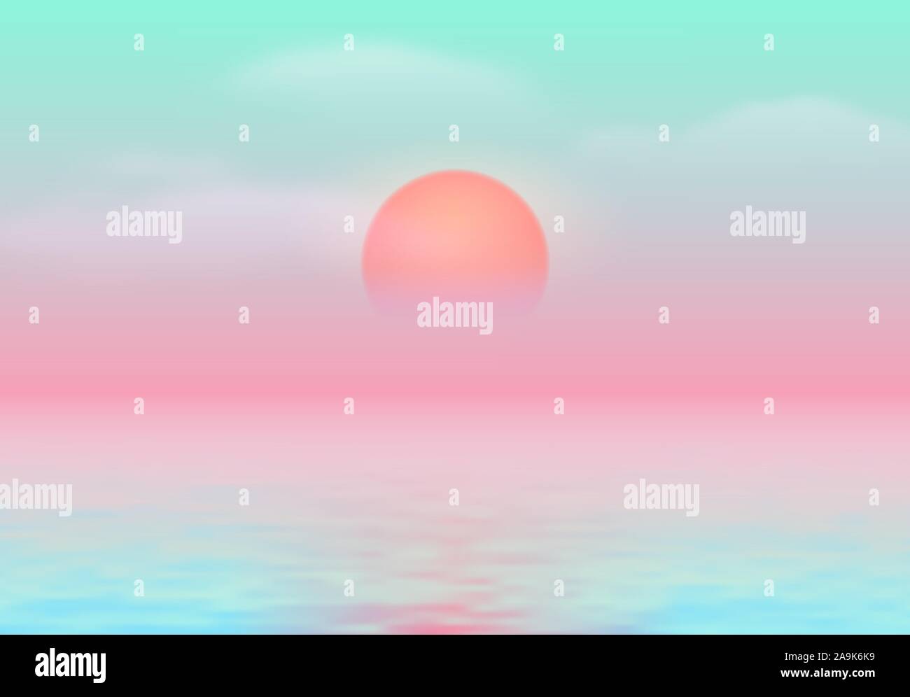 Sun over the sea with sun road and vaporwave 90s styled green and pink ...
