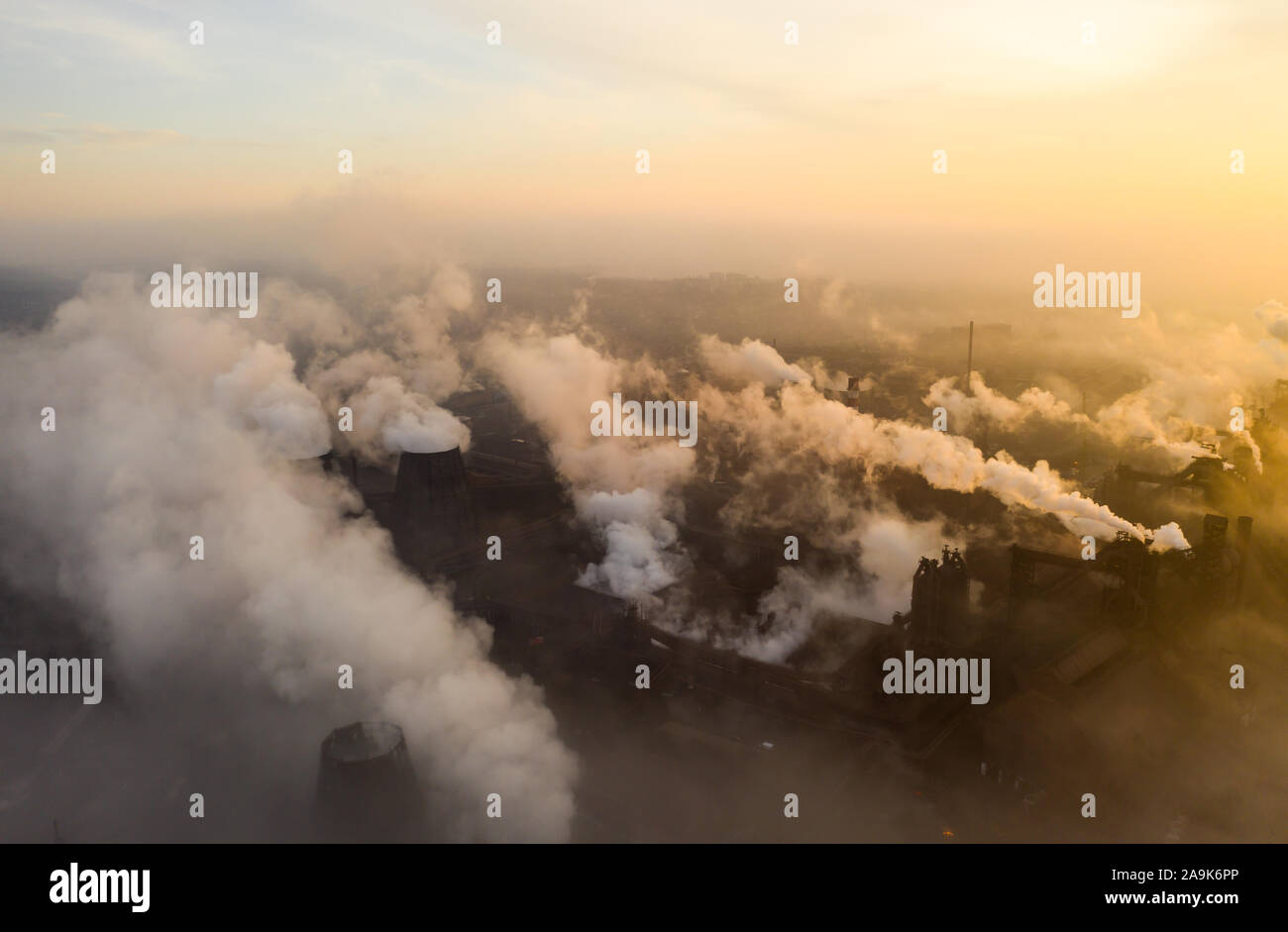 Aerial view. Emission to atmosphere from industrial pipes. Smokestack ...