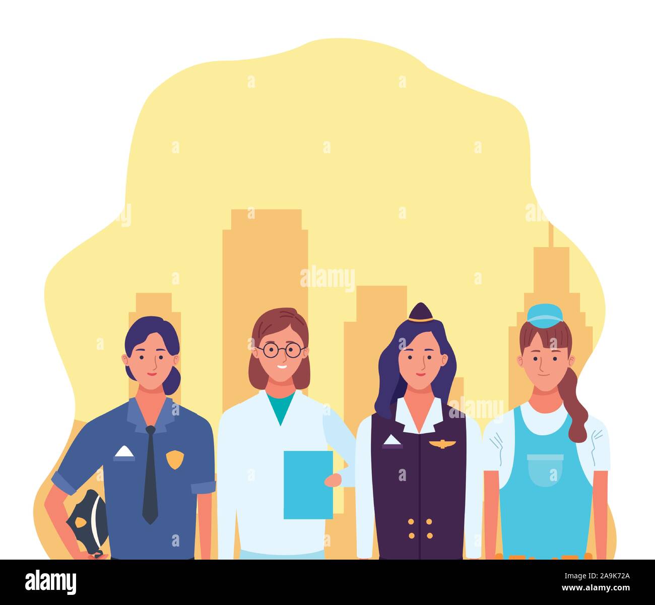 police woman with doctor, air hostess and repair worker Stock Vector ...