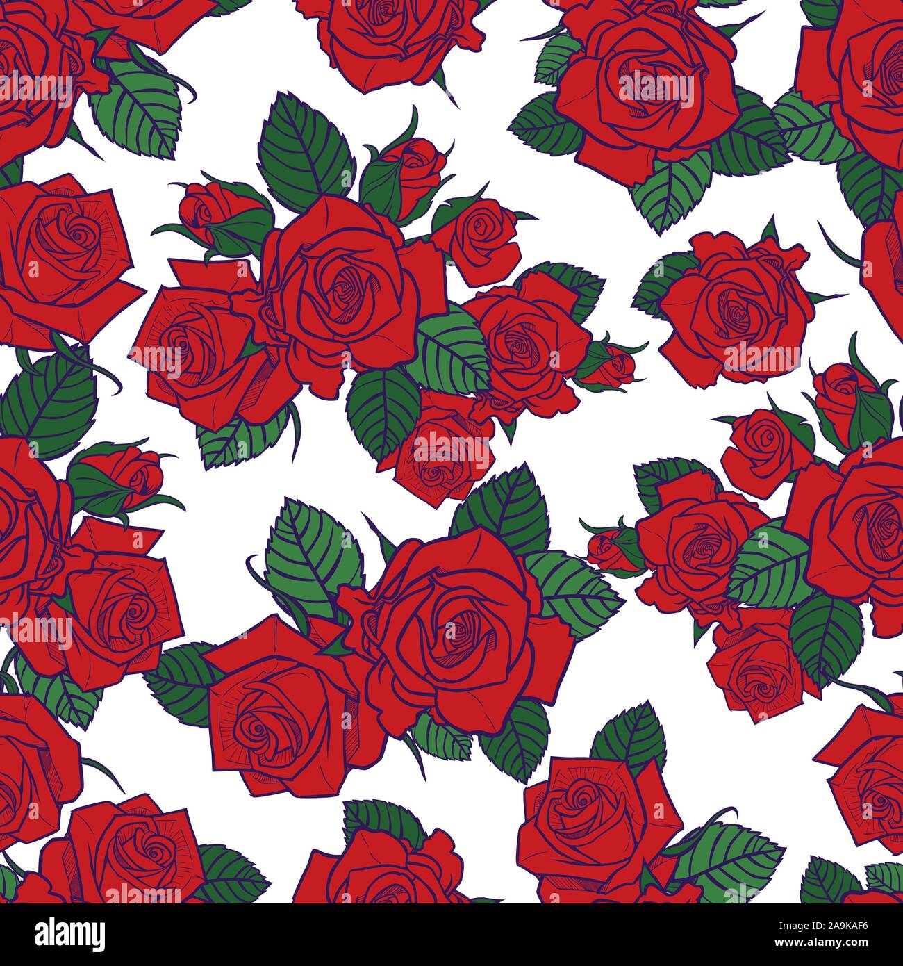 Vector red roses and green leaves with purple outlines againts white ...