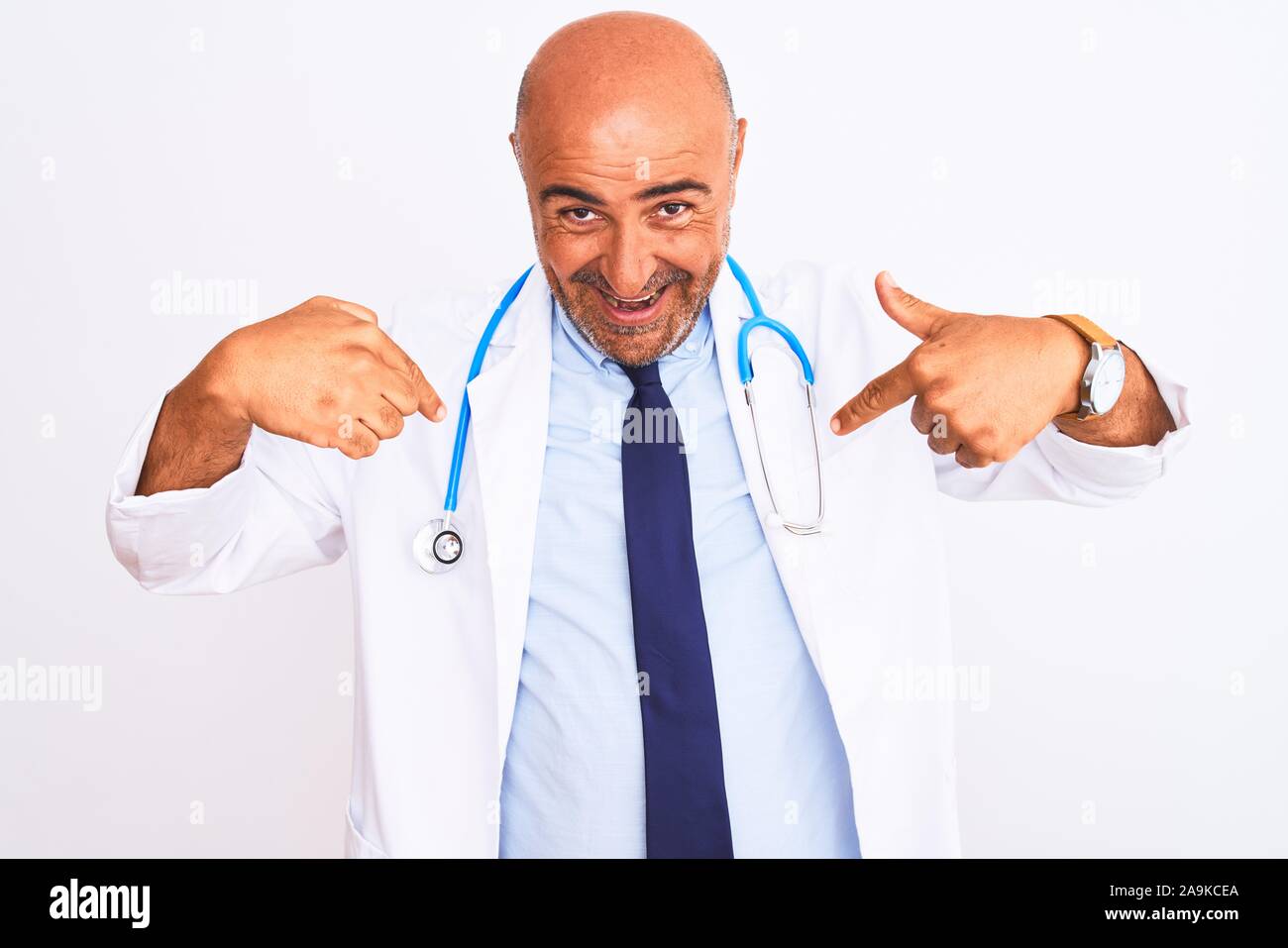 Middle age doctor man wearing stethoscope and tie standing over ...