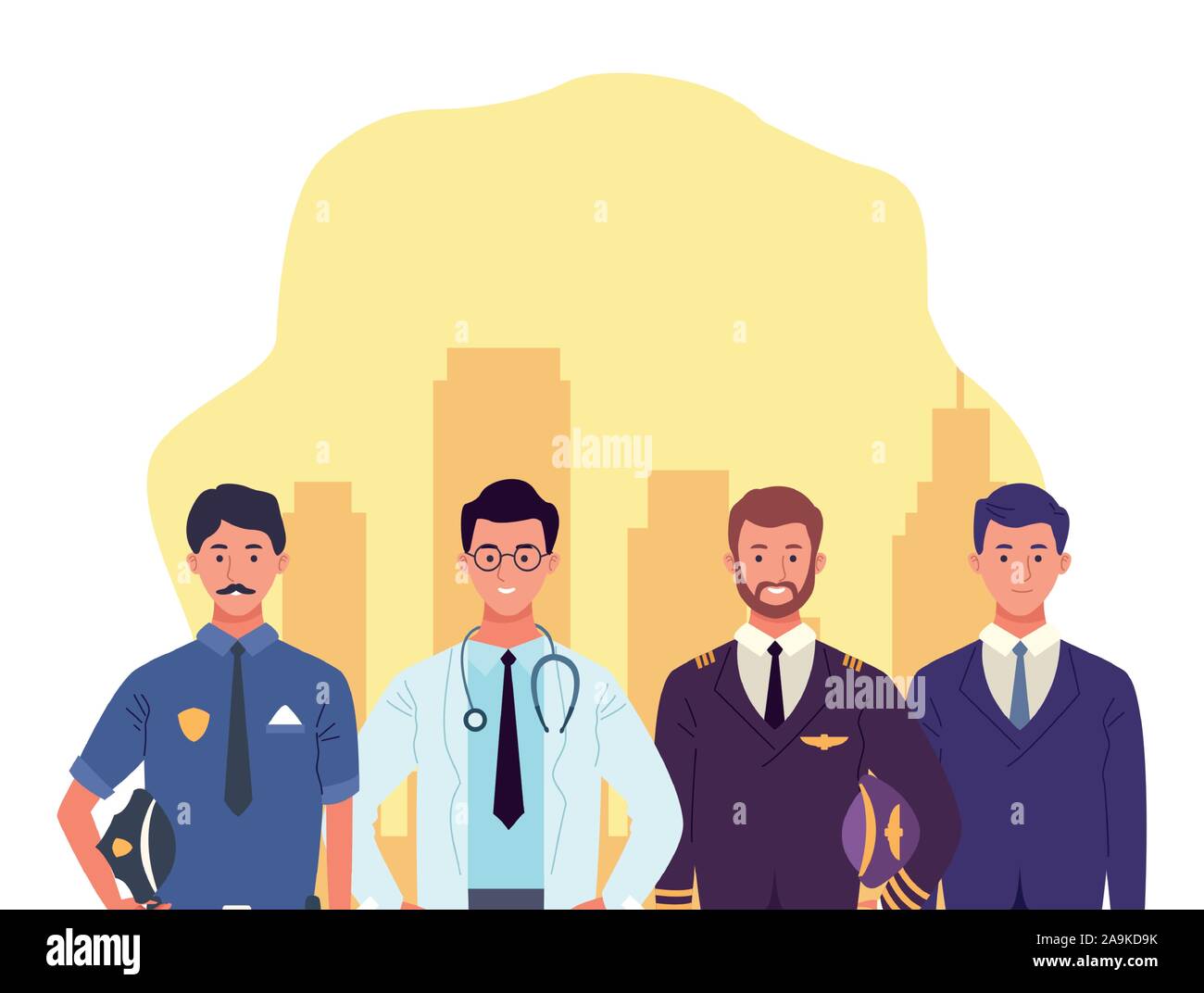 cartoon police man with doctor man, pilot and businessman Stock Vector ...