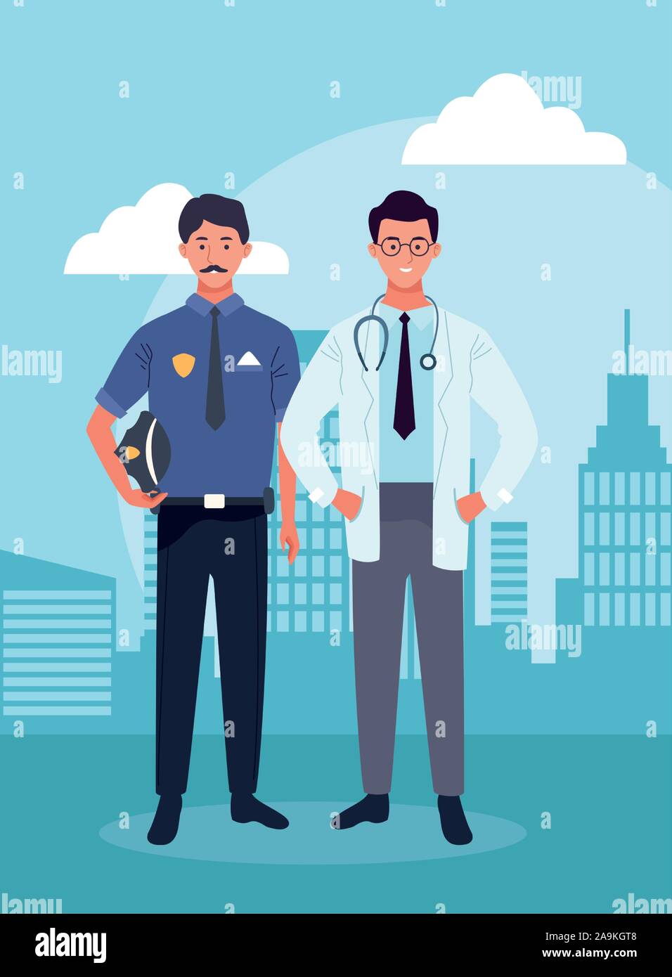 police man and doctor standing over urban city buildings scenary Stock ...