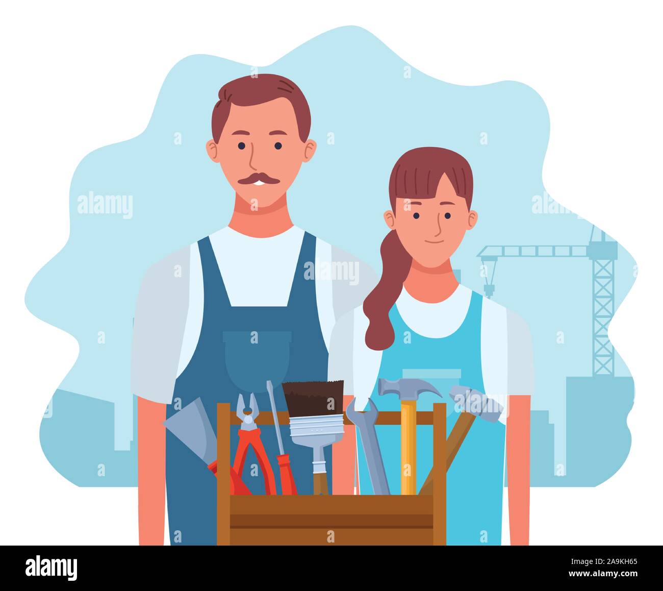 cartoon repair woman and man with tools box Stock Vector Image & Art ...