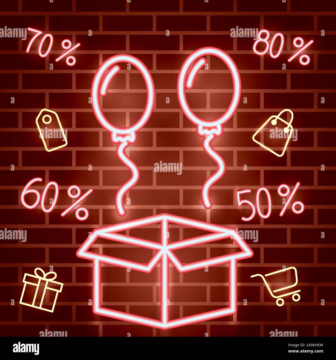neon lights label with box carton and balloons helium Stock Vector ...