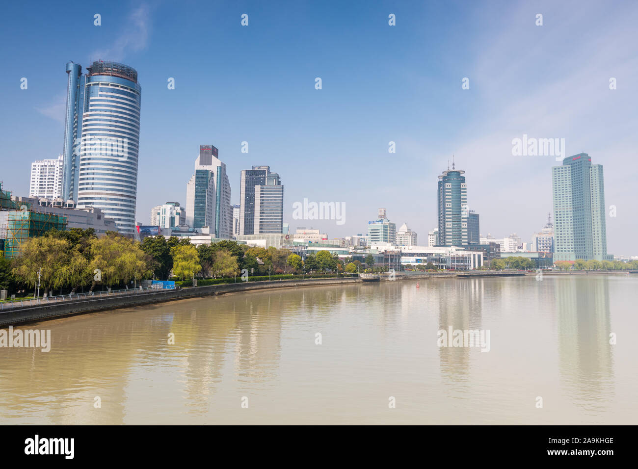 Skylines at the bank of the Yong river in Ningbo City, China Stock ...
