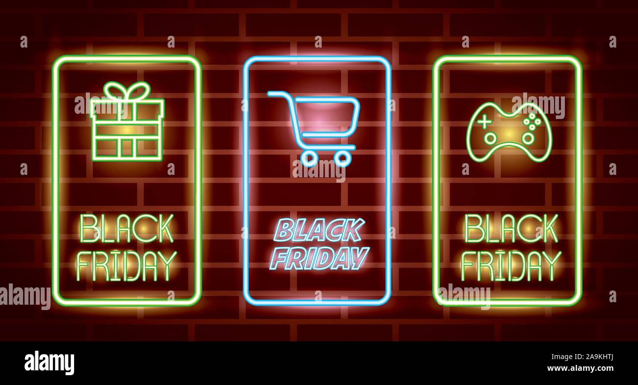 black friday neon lights labels with icons Stock Vector Image & Art - Alamy