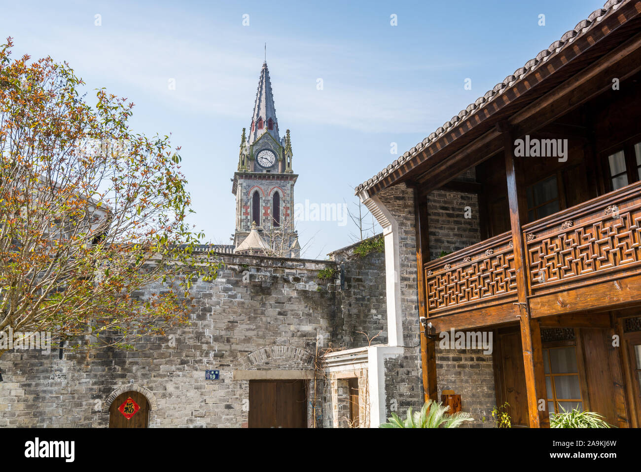 Main building and clock tower of Jiangbei Catholic Church, located at ...