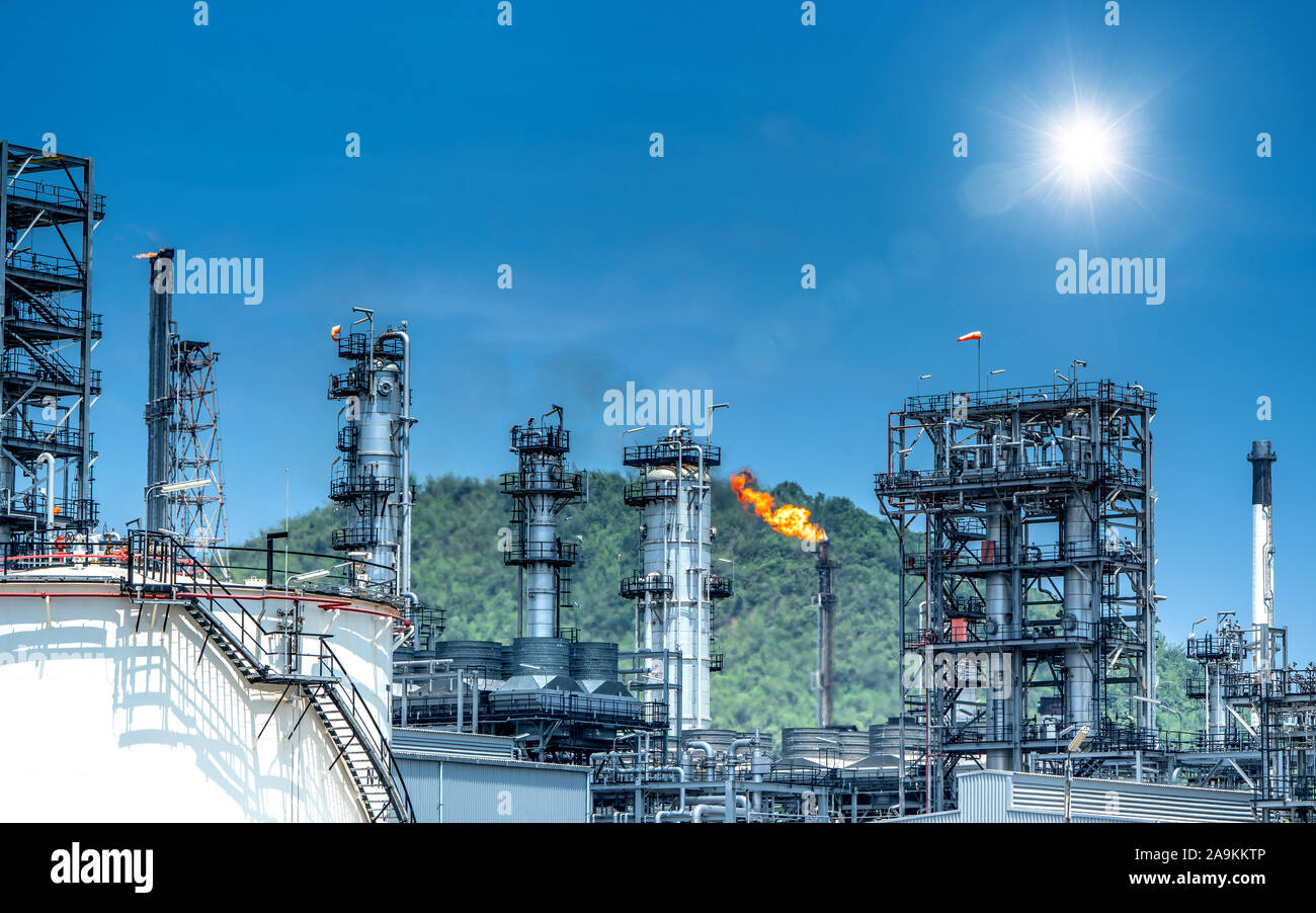 Close up Industrial view at oil refinery plant form industry zone with ...