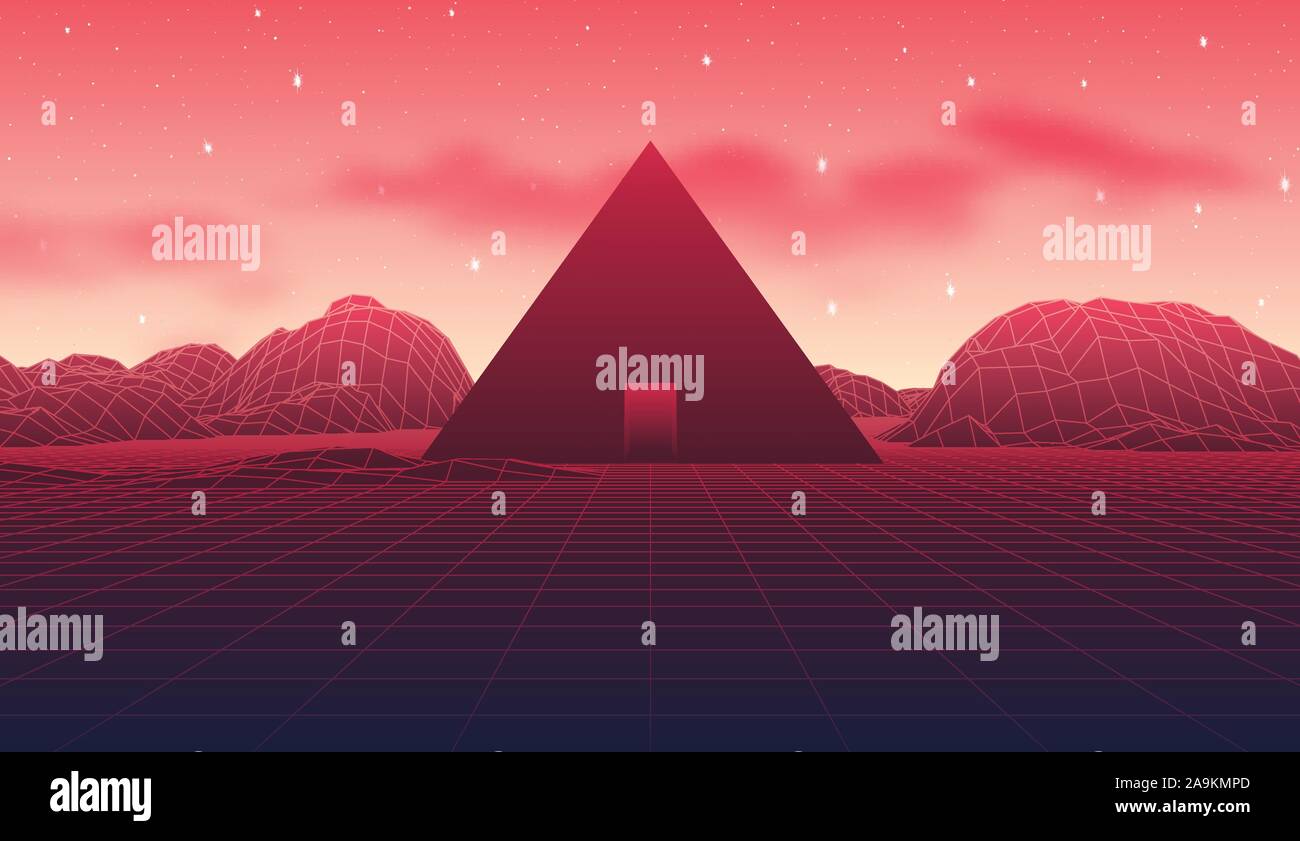 Ancient mysterious pyramid in 80s styled neon landscape with red sky ...