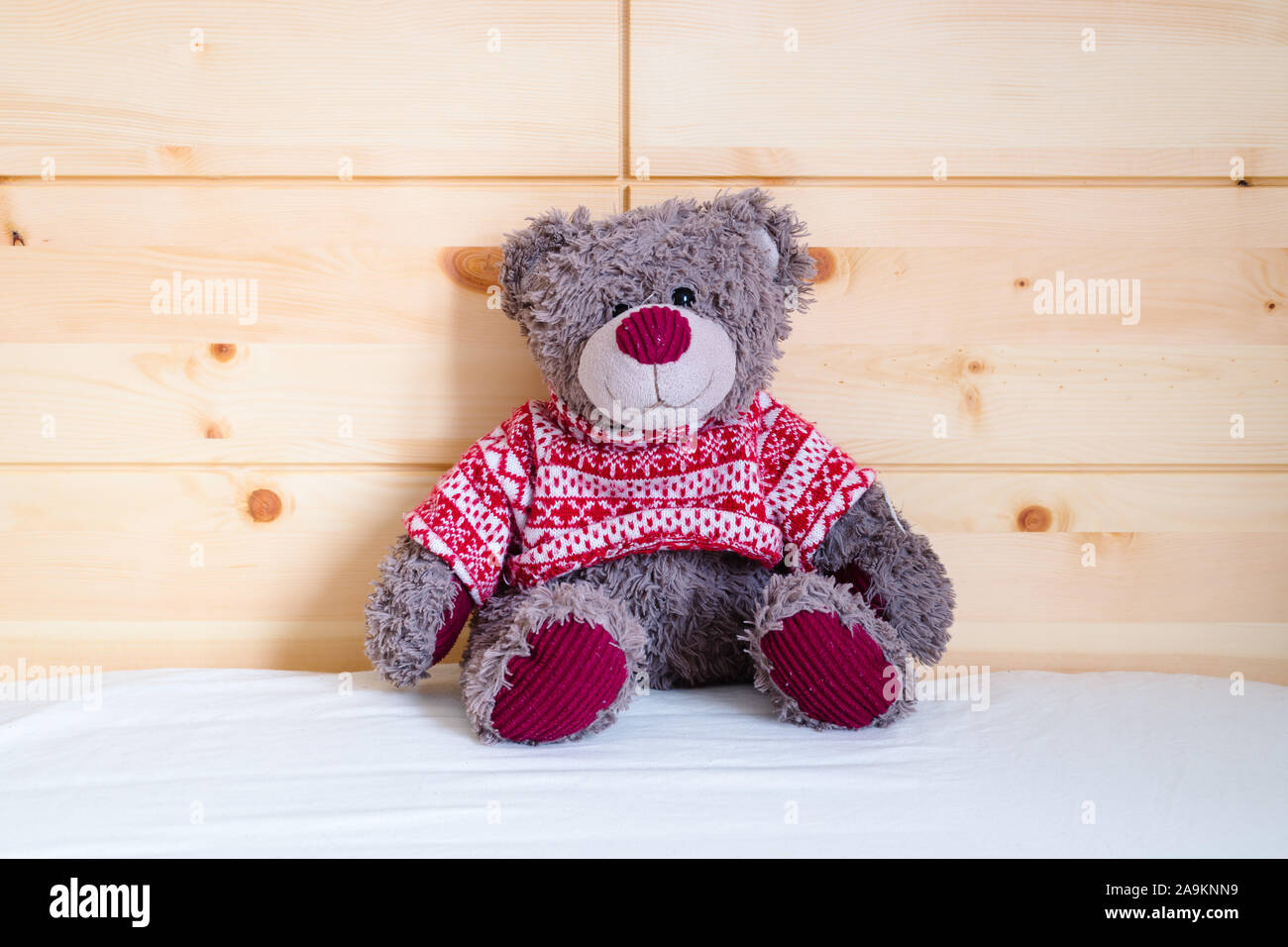 Cute teddy bear toy is sitting in the bed, wakeup at morning Stock ...
