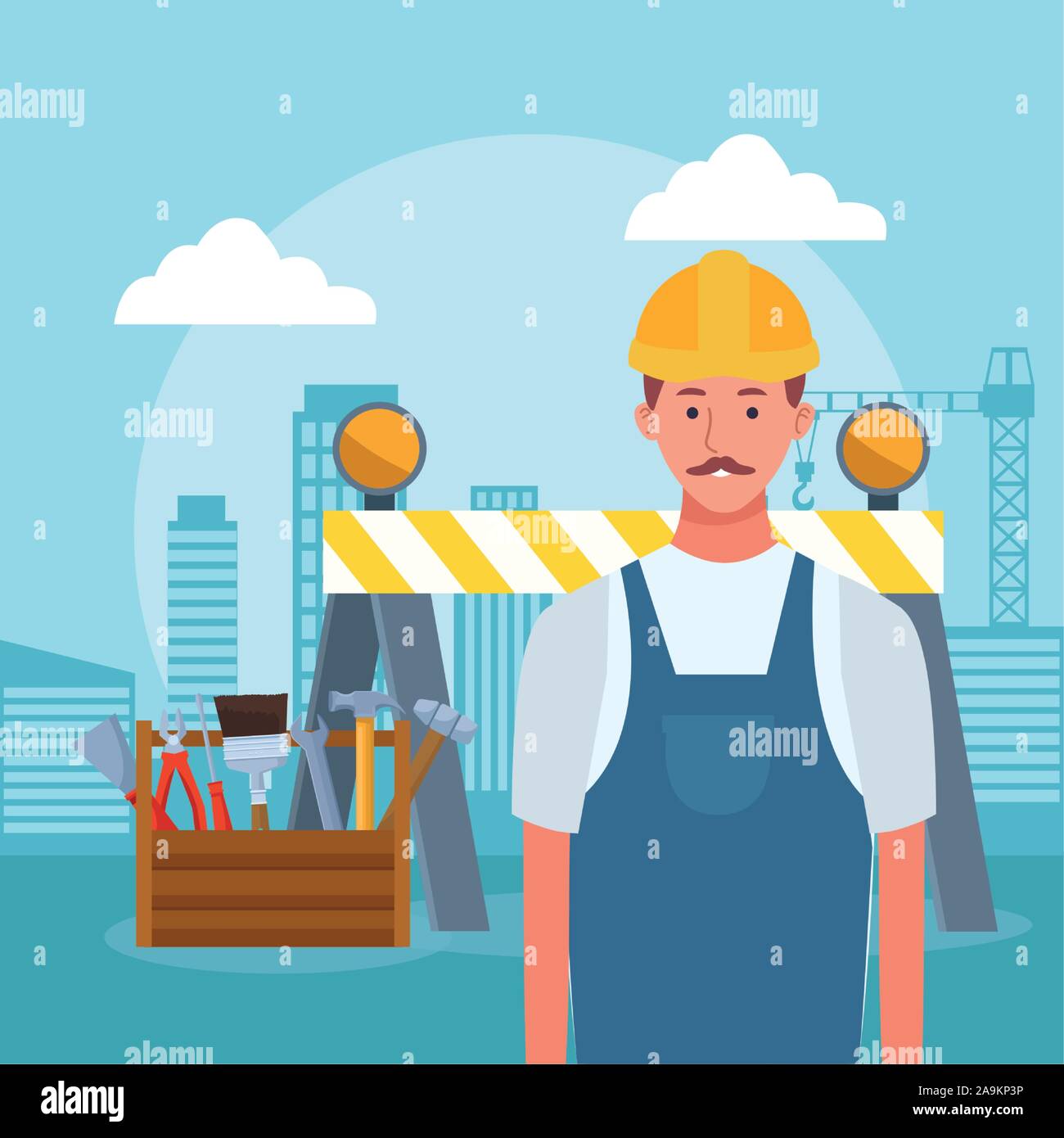 cartoon repair man and tools box over urban city buildings background ...