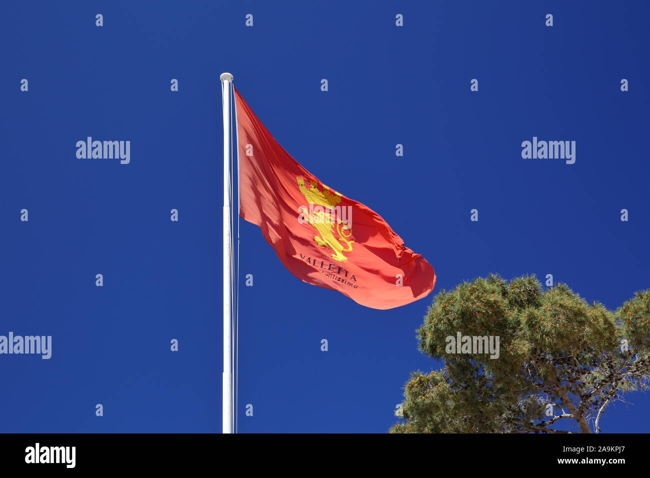 Flag /emblem of Valetta, capital city of Malta, waves on wind over ...