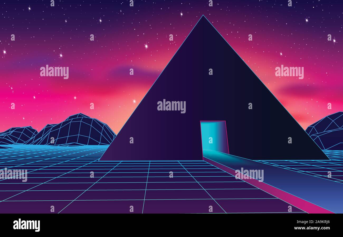 Ancient mysterious pyramid in 80s styled neon landscape with purple sky ...