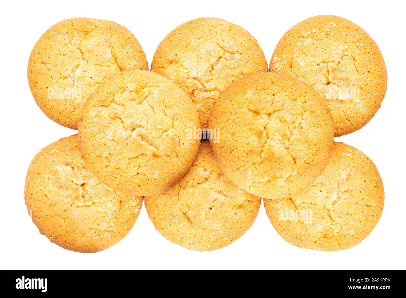 round shortbread cookies are laid out in rows. isolated on a white ...