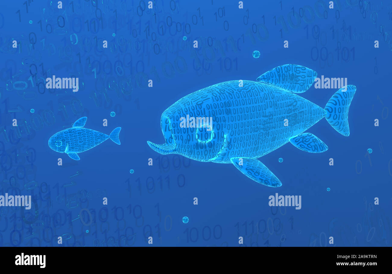 Virtual blue glowing fish pursuit hunt in code habitat 3d illustration ...