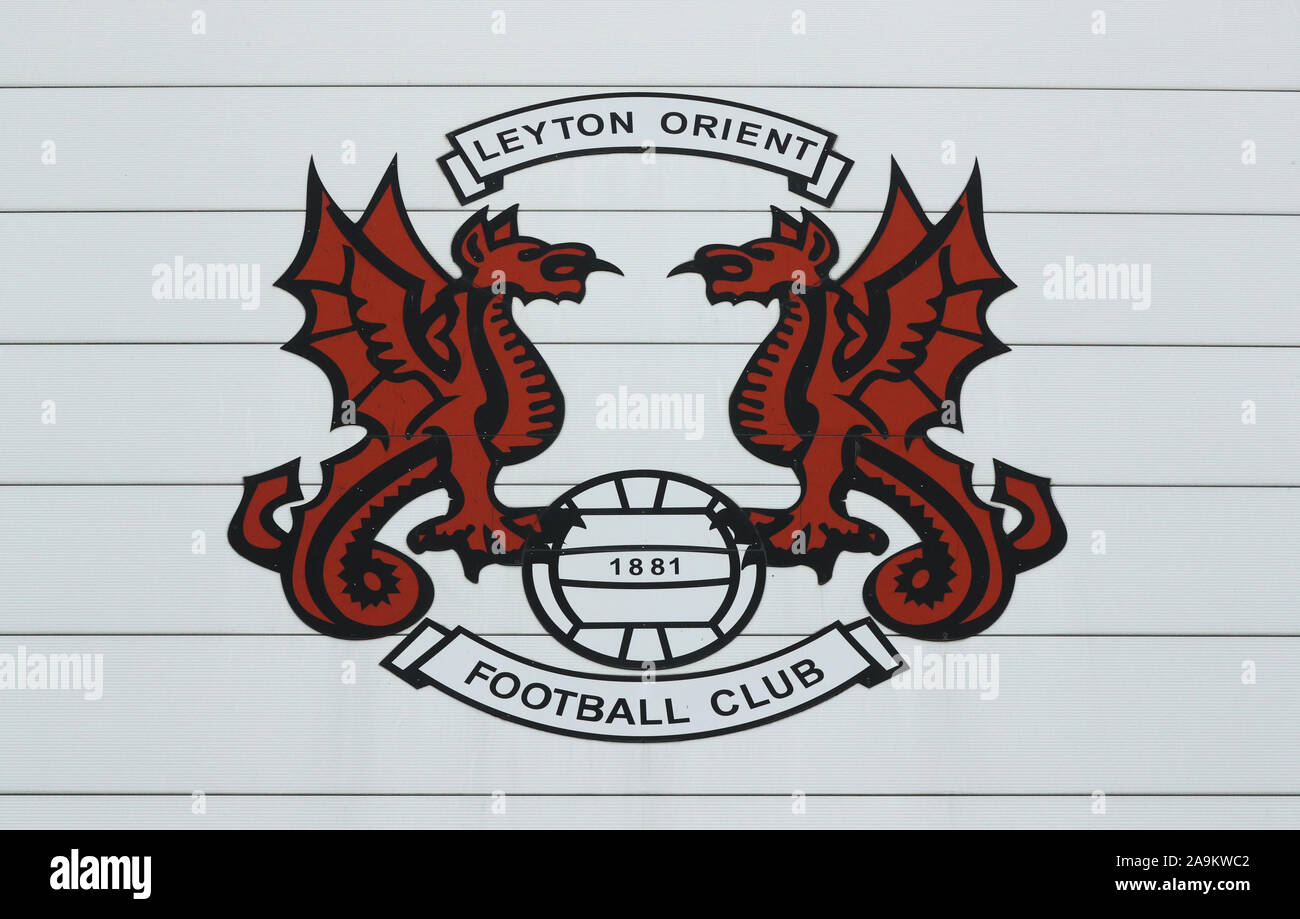 Leyton Orient club crest on the side of the Breyer Group Stadium before ...