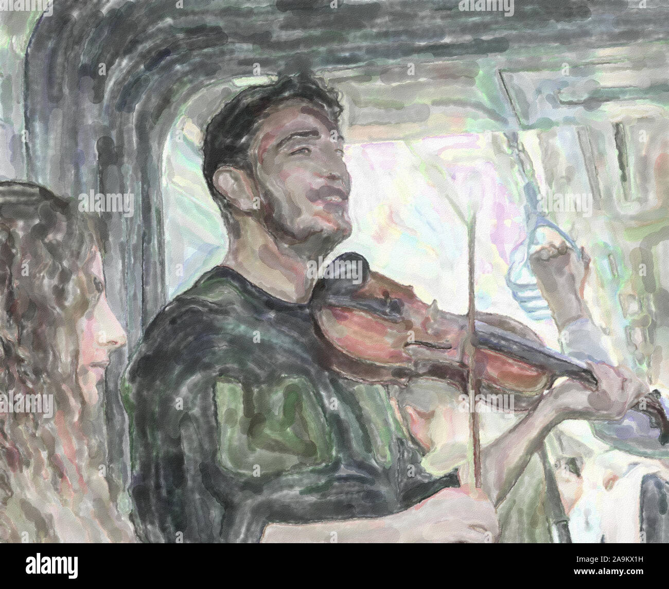 watercolor illustration: Student playing the violin in the subway and ...
