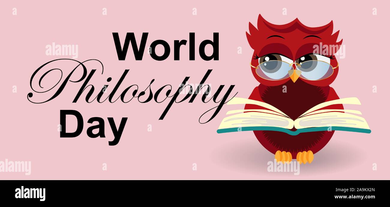 World Philosophy Day. Smart owl on stack of books, open book and ...