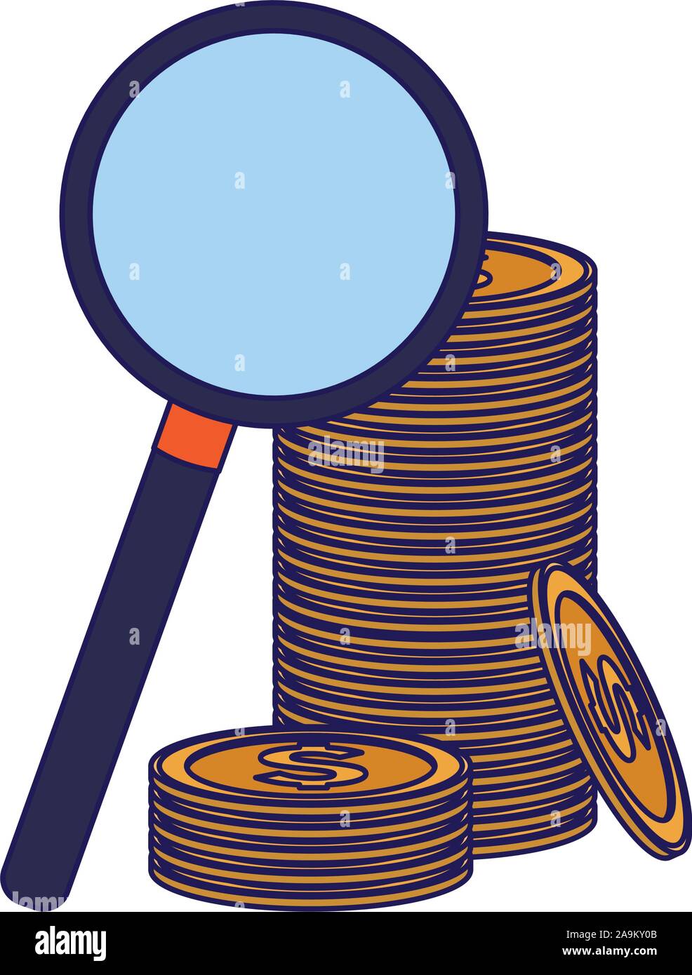 magnifying glass and coins stack, flat design Stock Vector Image & Art ...
