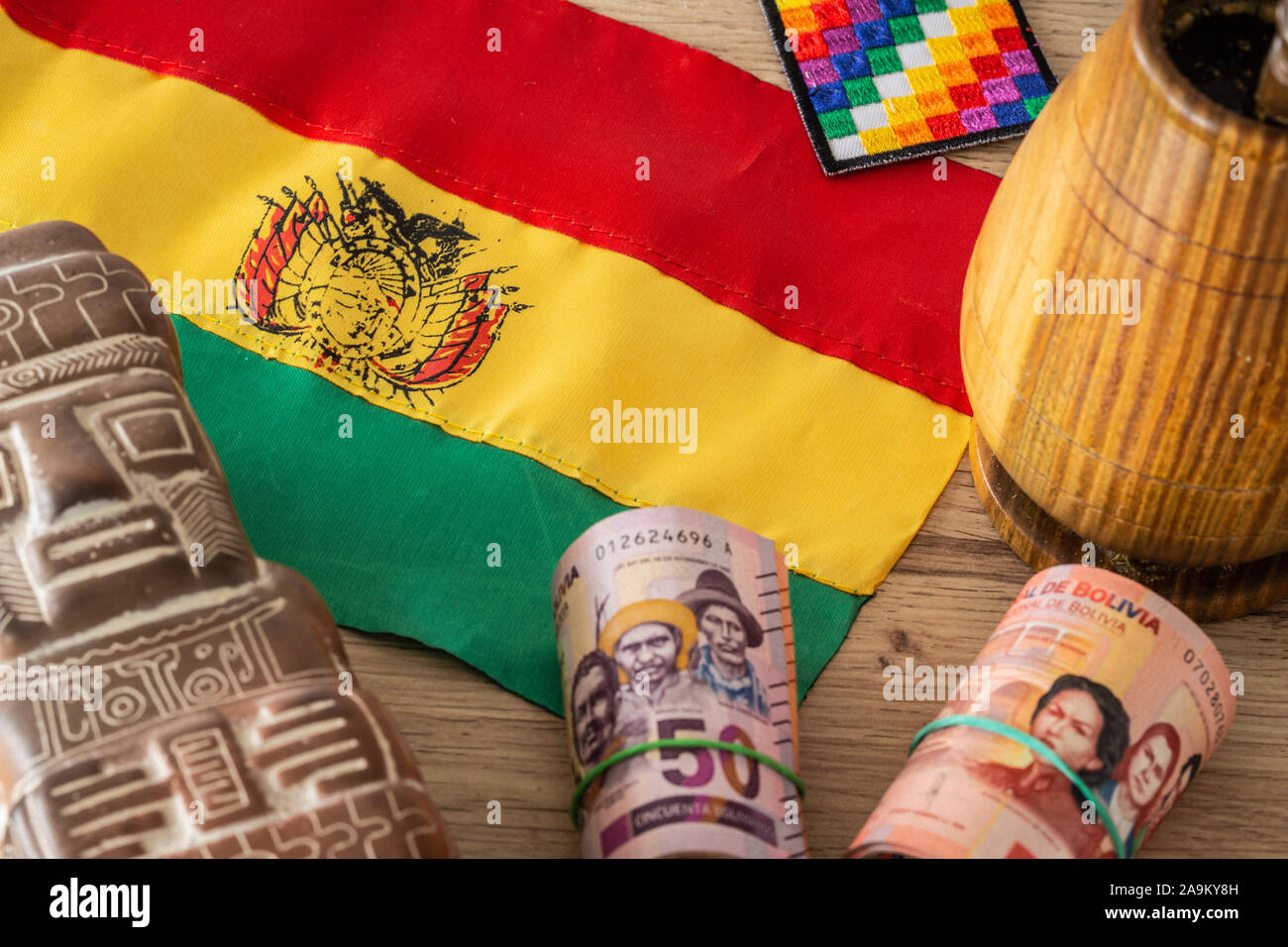 Bolivia. Country flag on the background of the old map and things ...