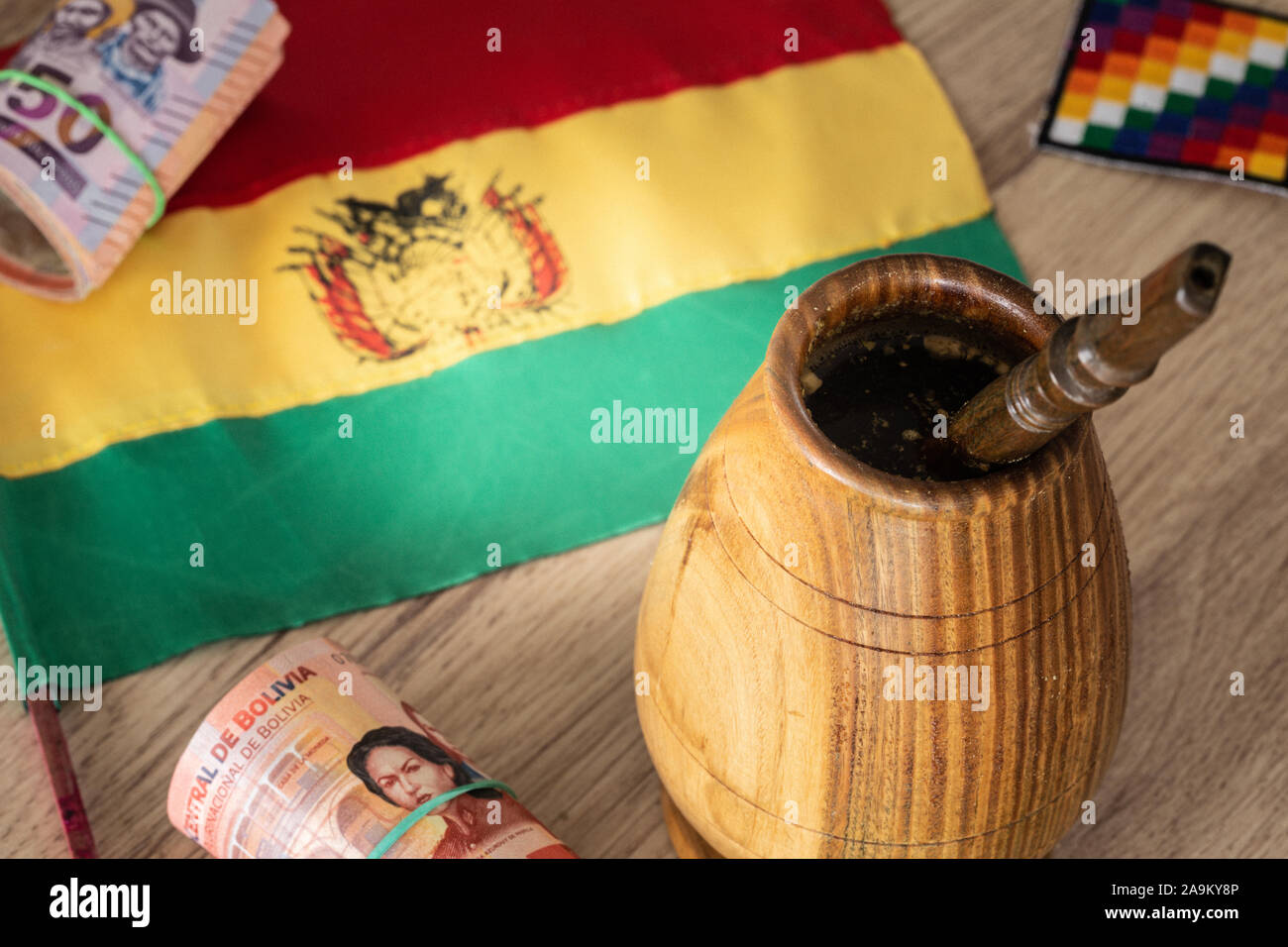 Bolivia. Country flag on the background of the old map and things ...