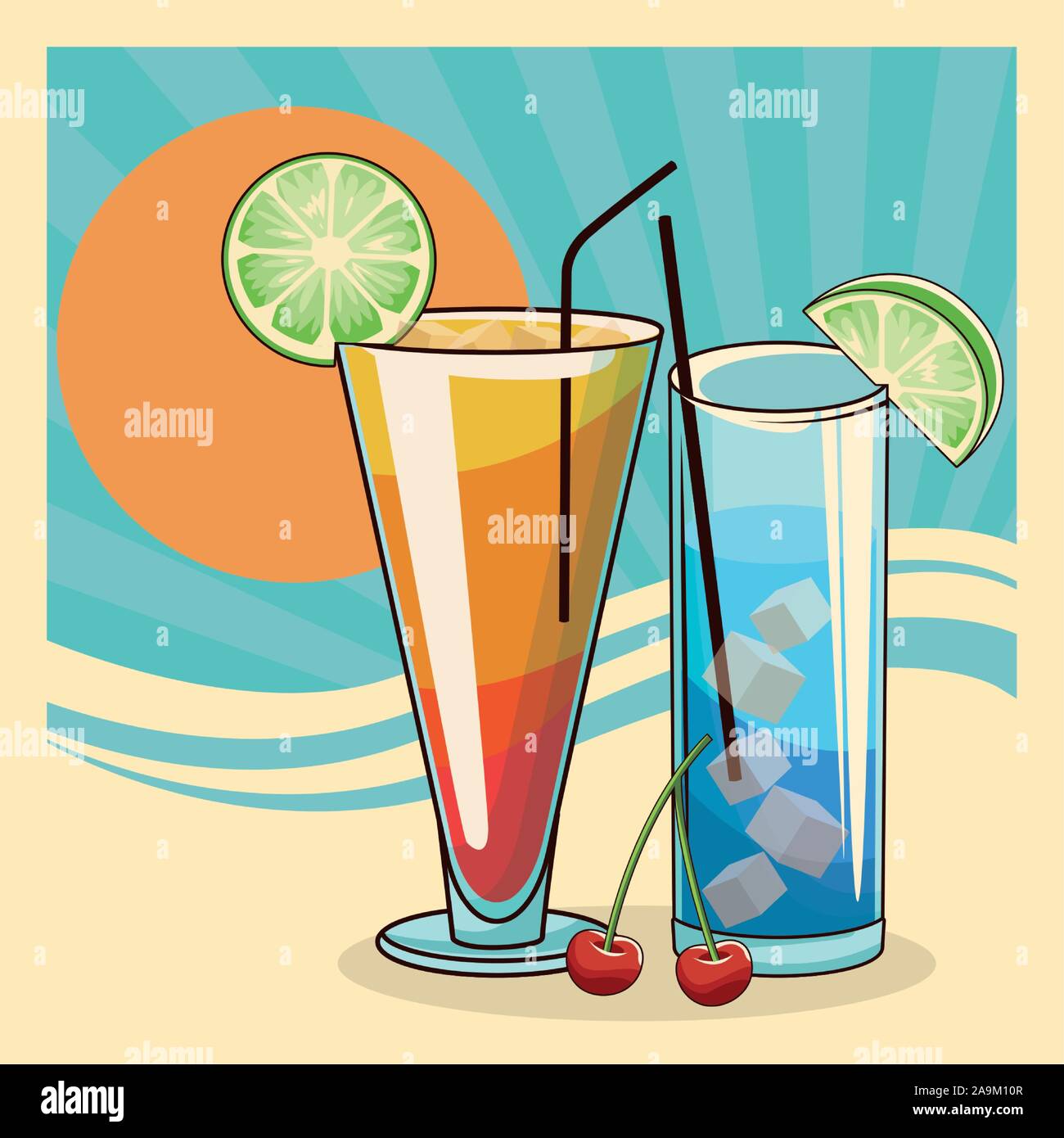 tropical cocktails over retro abstract sunrise background Stock Vector ...
