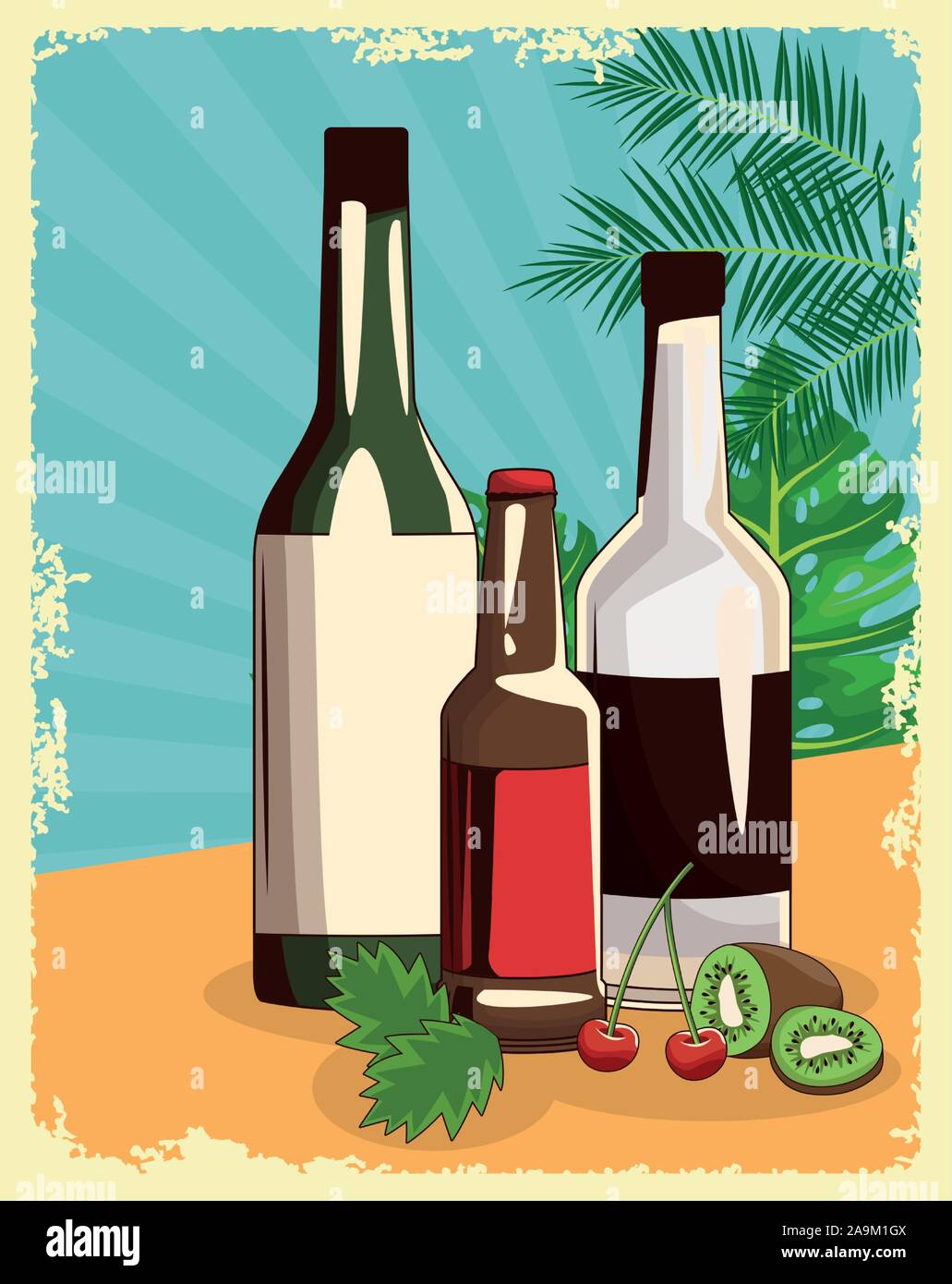 liquor bottles and beer bottle over tropical leaves and retro style ...